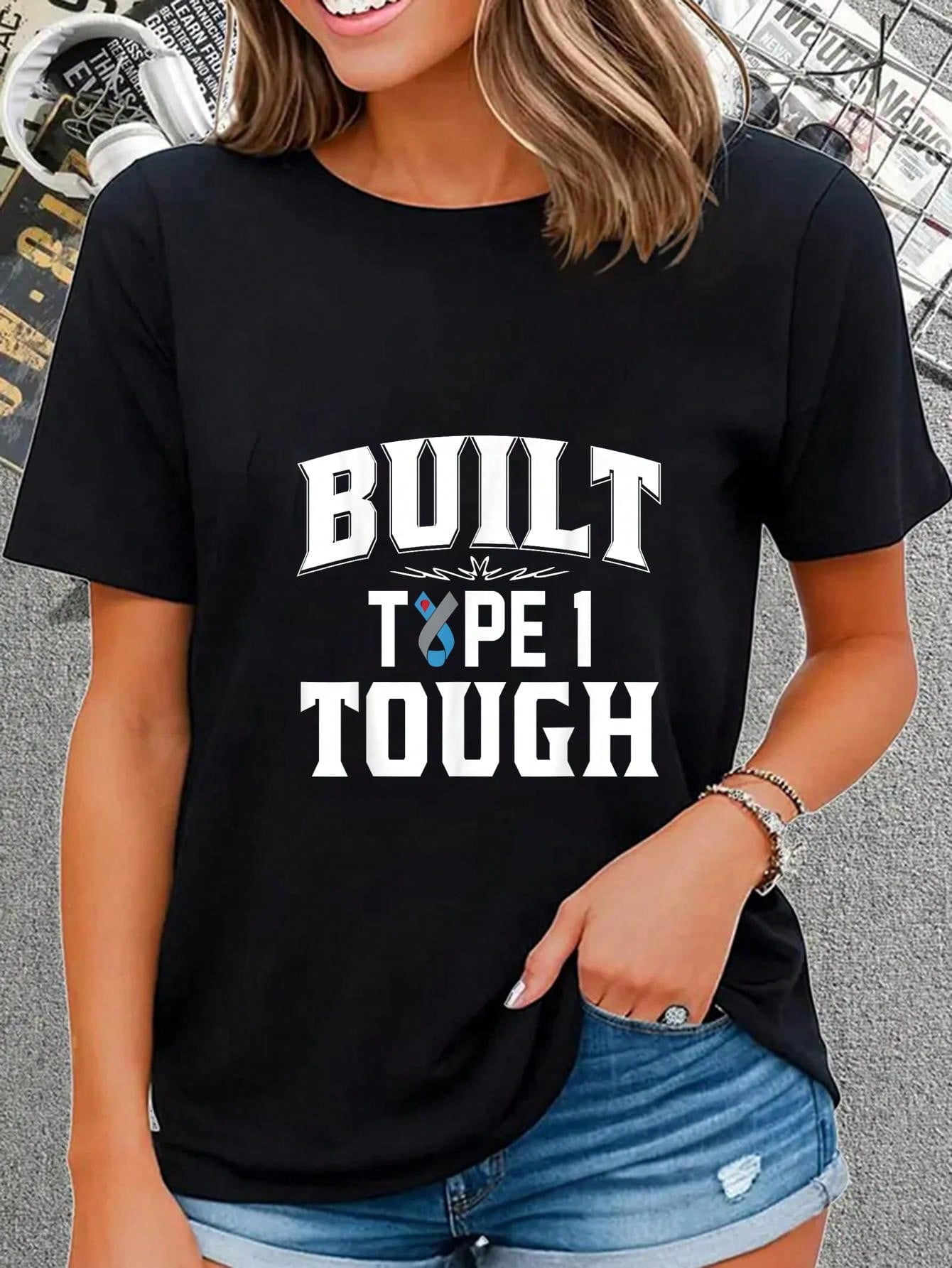 Built Type 1 Tough Blue Ribbon T1D Diabetes & T Design T-Shirt ...