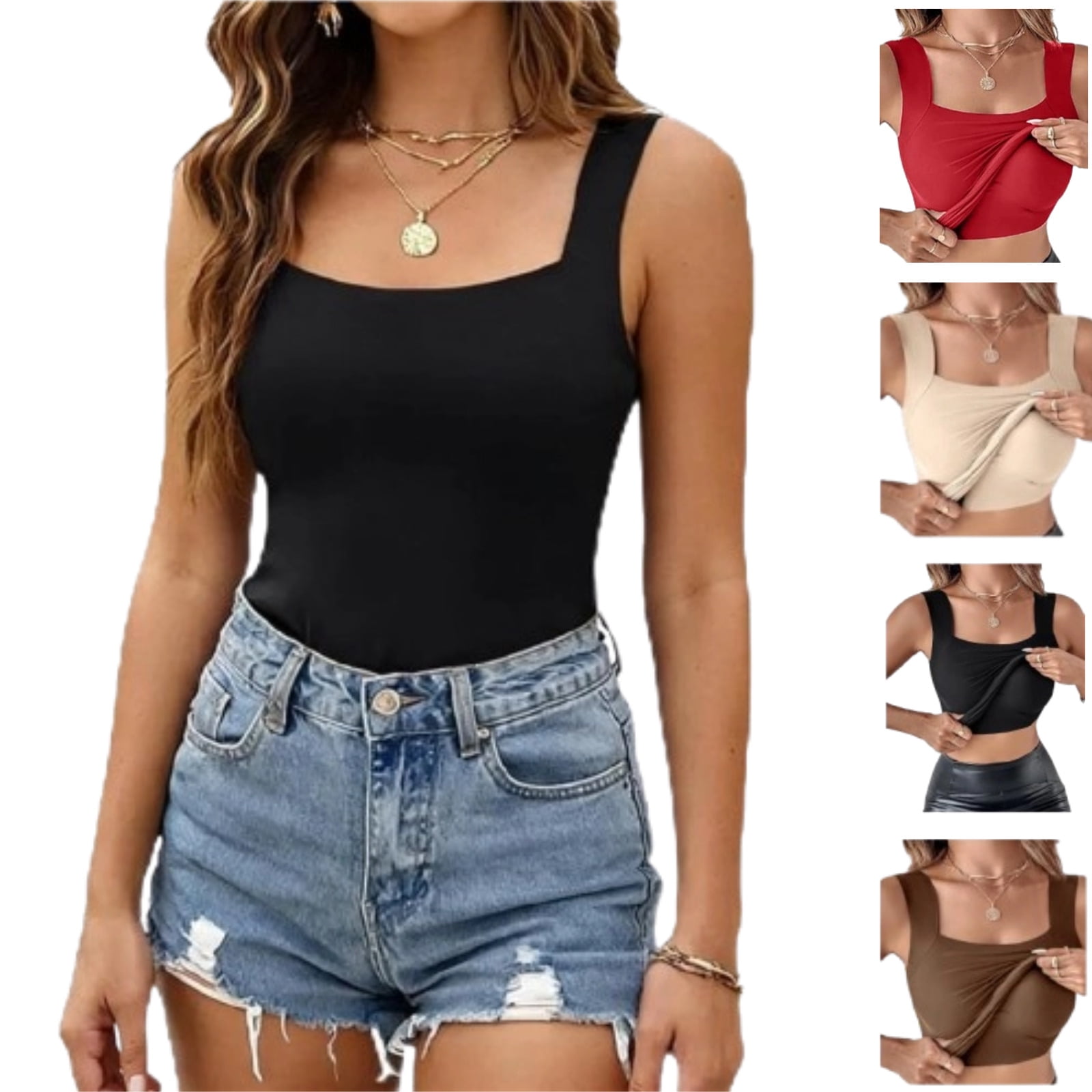 Built-in Comfort Bra Tank Top, Womens U Neck Shapewear, High-Stretch ...