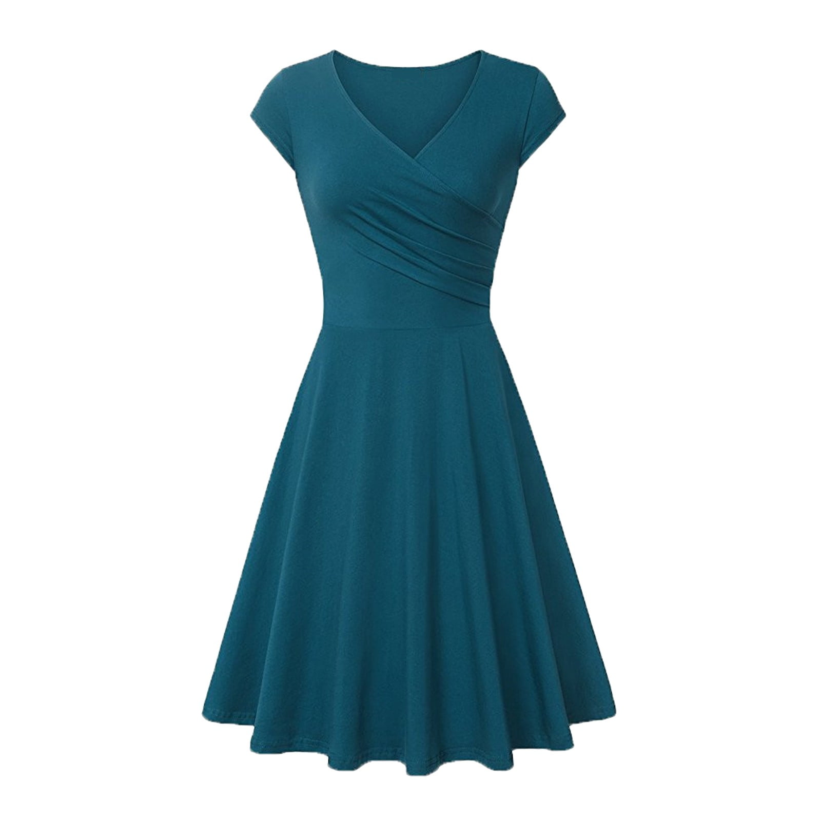 Buitifor Fashion Women Solid Color Dress V-Neck Short Sleeve Evening ...