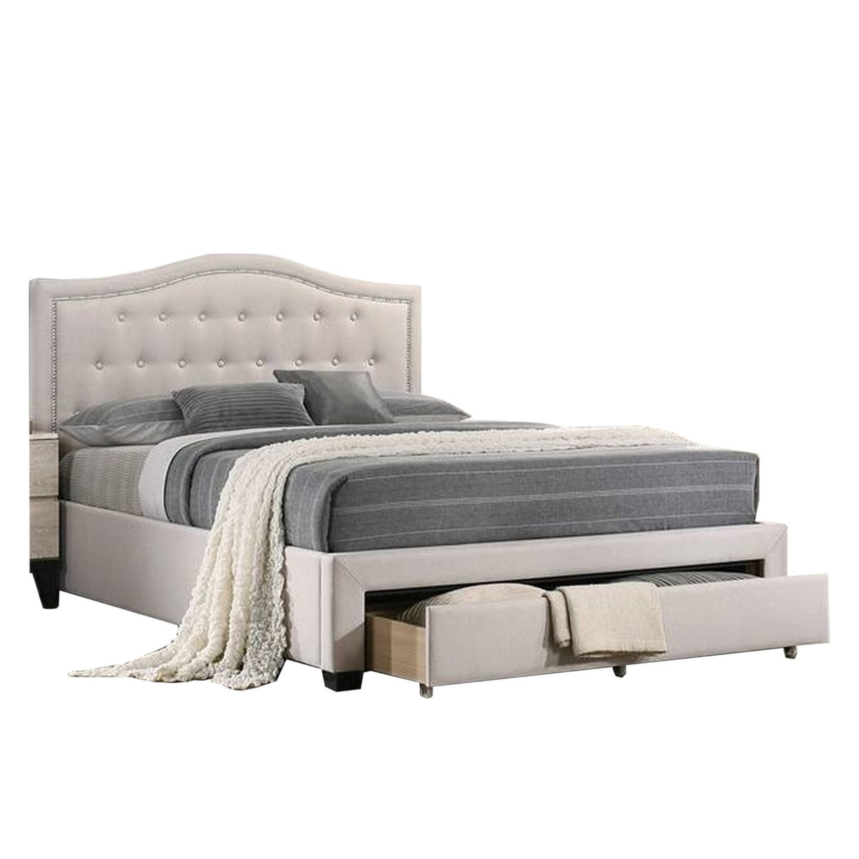 Buk Upholstered Tufted Full Bed with Storage, Nailhead Trim, Ivory ...