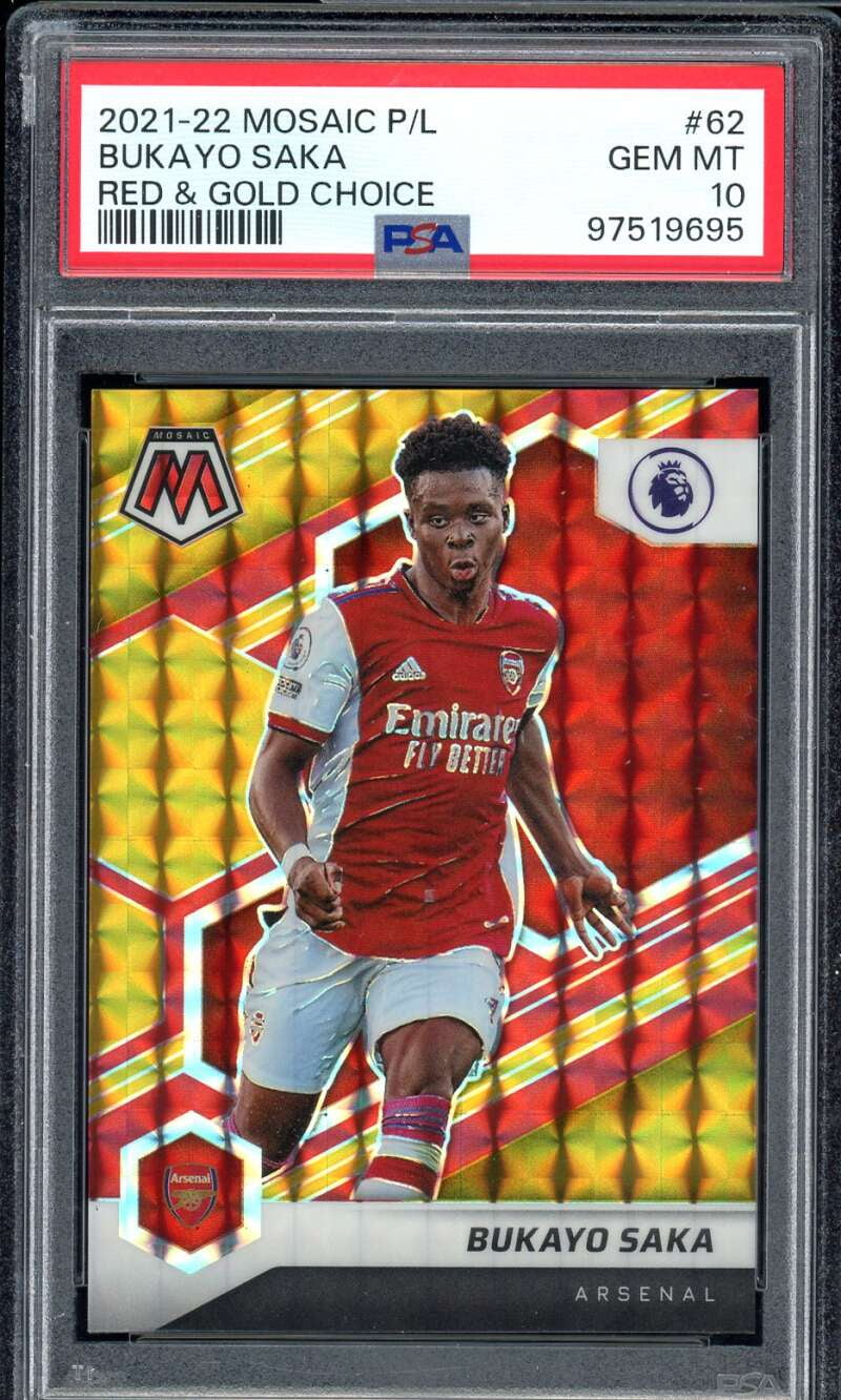 Bukayo Saka Card 2021-22 Mosaic P/L Red Gold Choice (pop 5) #62 PSA 10 ...