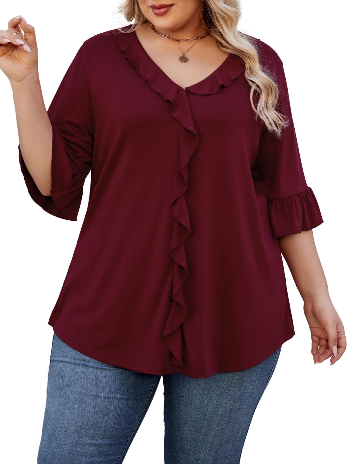 Bukemao Women's Plus Size 3/4 Length Sleeve Top – Dressy Casual Blouse ...