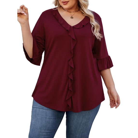 Bukemao Women's Plus Size 3/4 Length Sleeve Top – Dressy Casual Blouse ...
