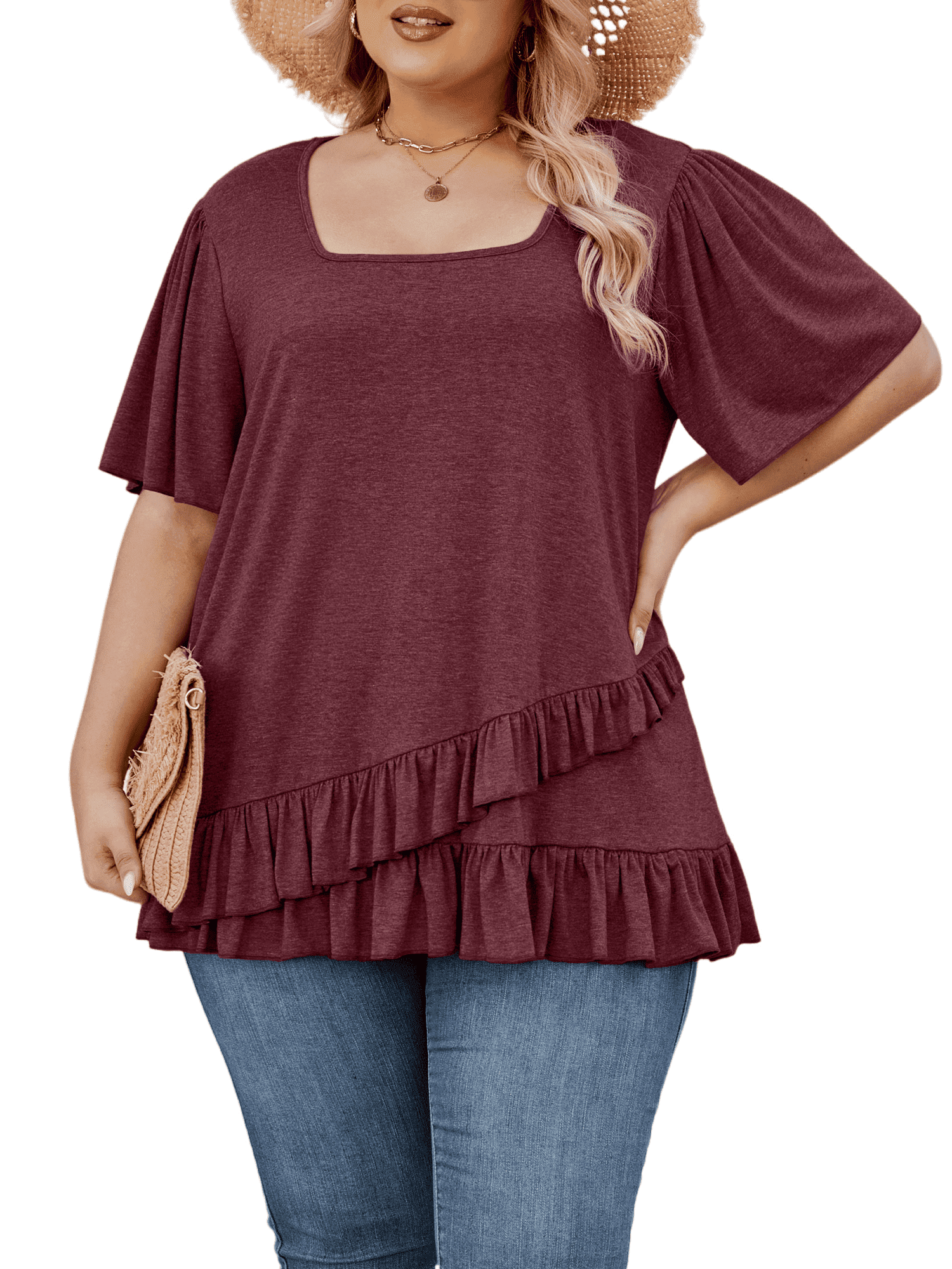 Bukemao Women's Square Neck Peplum Blouse - Plus Size Casual Flowing ...