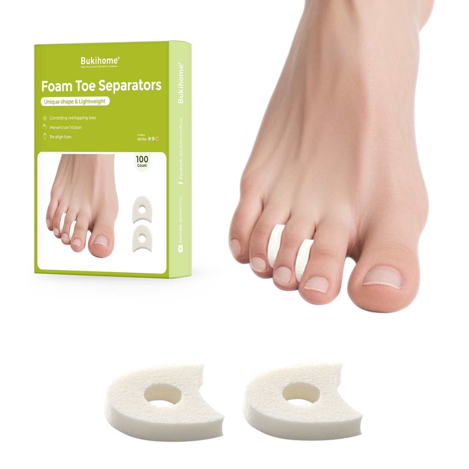 Bukihome 100 Pack Foam Toe Separators - Correct Overlapping Toes and ...