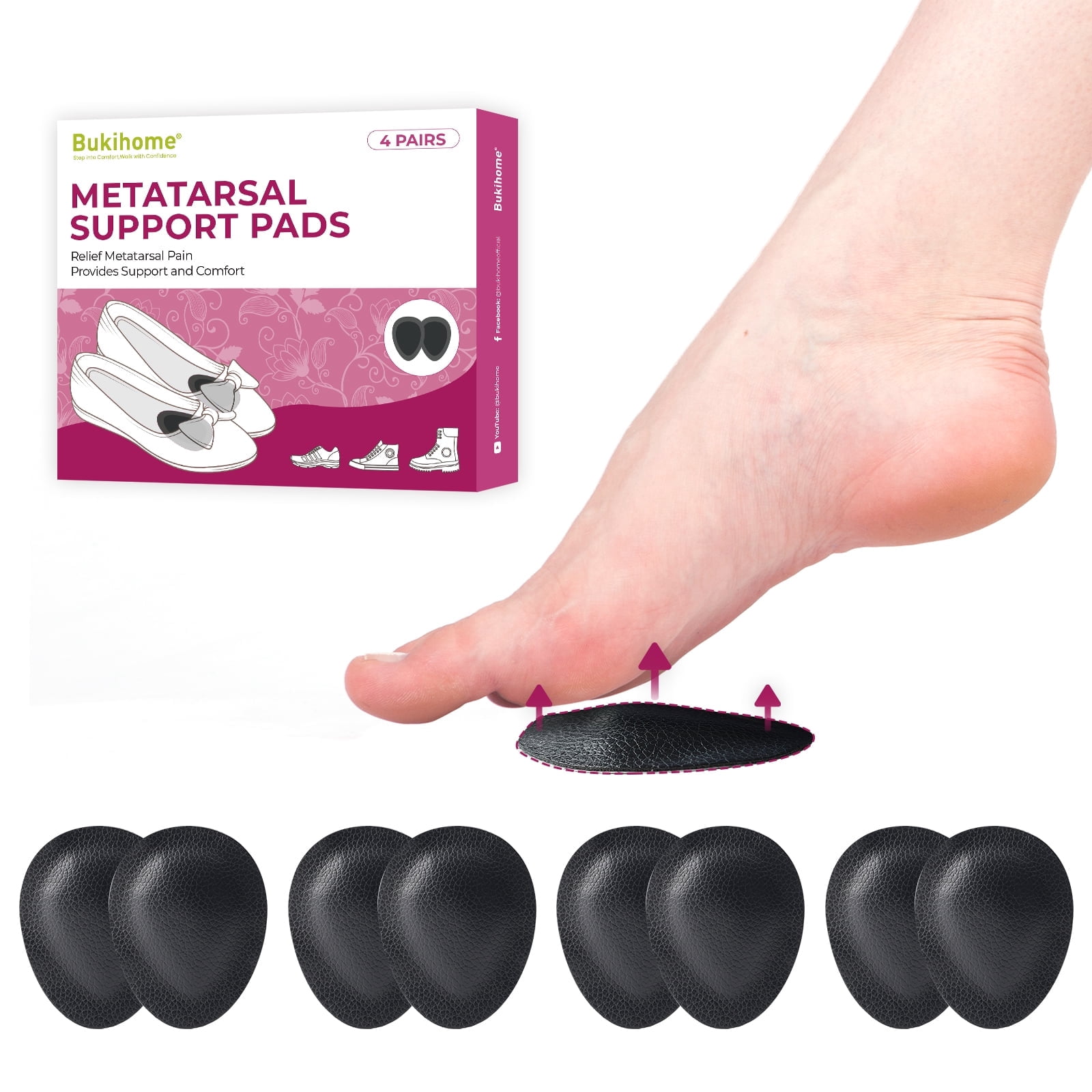 Bukihome 4-Pair Metatarsal Pads for Pain Relief - Ball-of-Foot Cushions ...