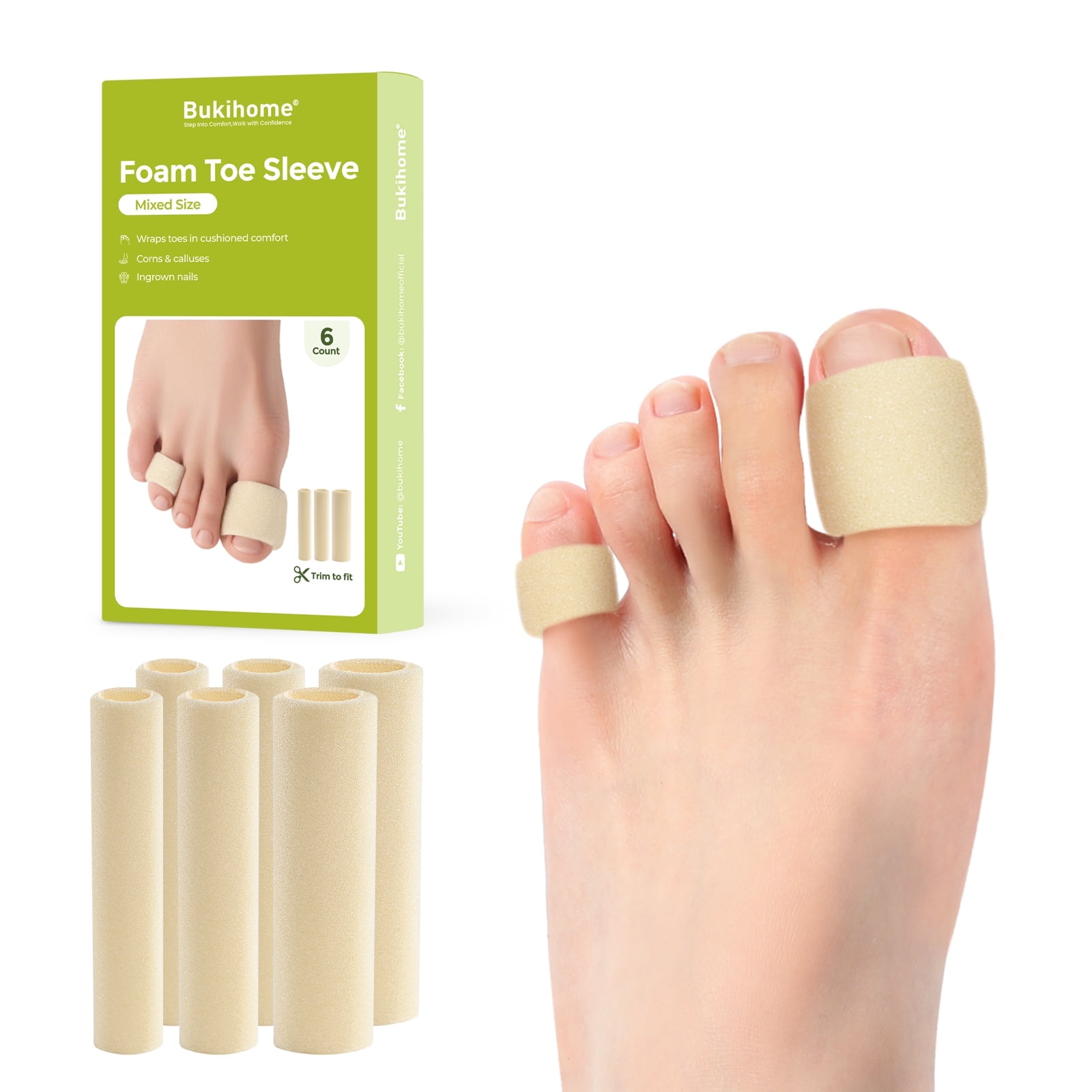 Bukihome Cuttable Toe Tubes Sleeves - Foam Toe Protectors for Corns ...