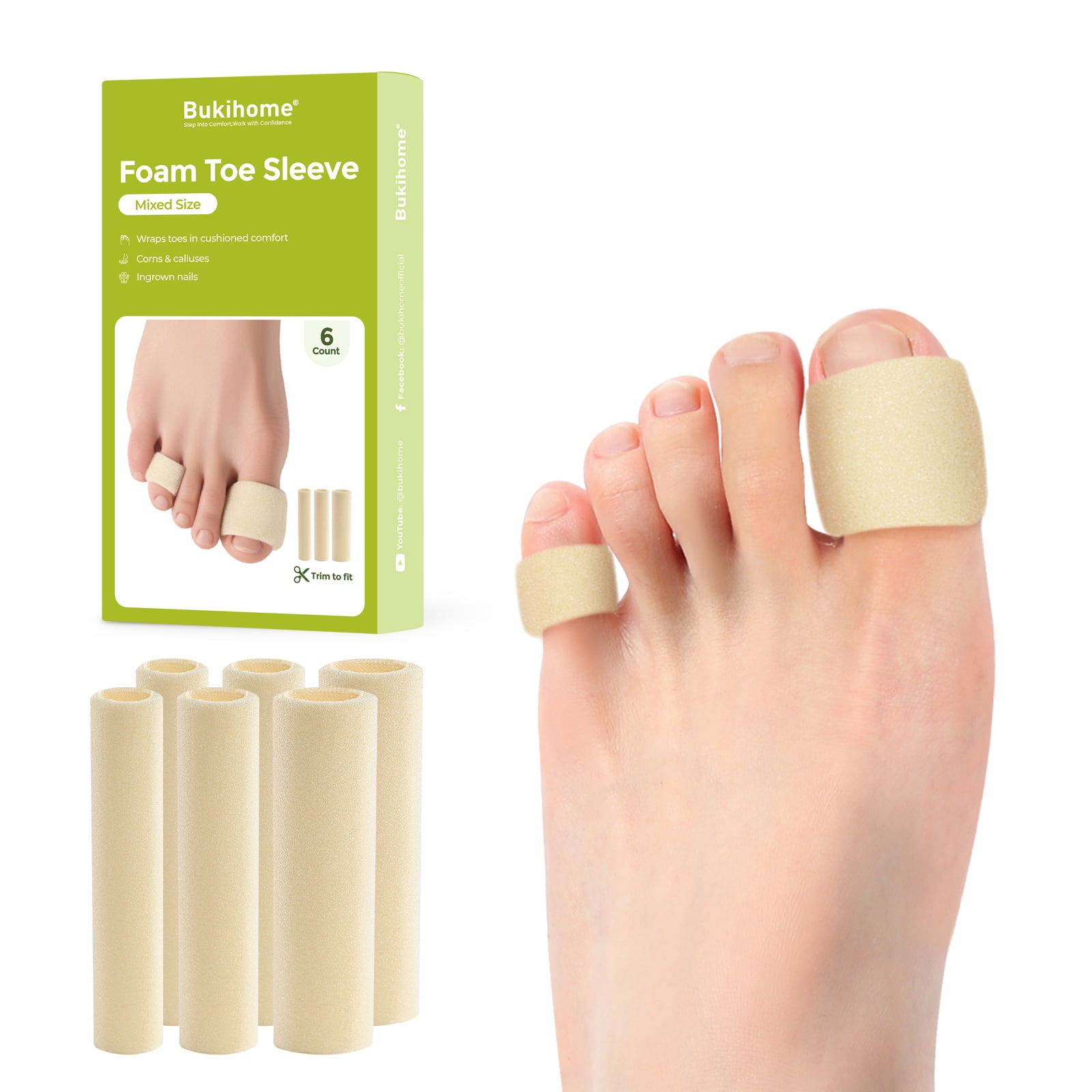 Bukihome Cuttable Toe Tubes Sleeves - Foam Toe Protectors for Corns ...