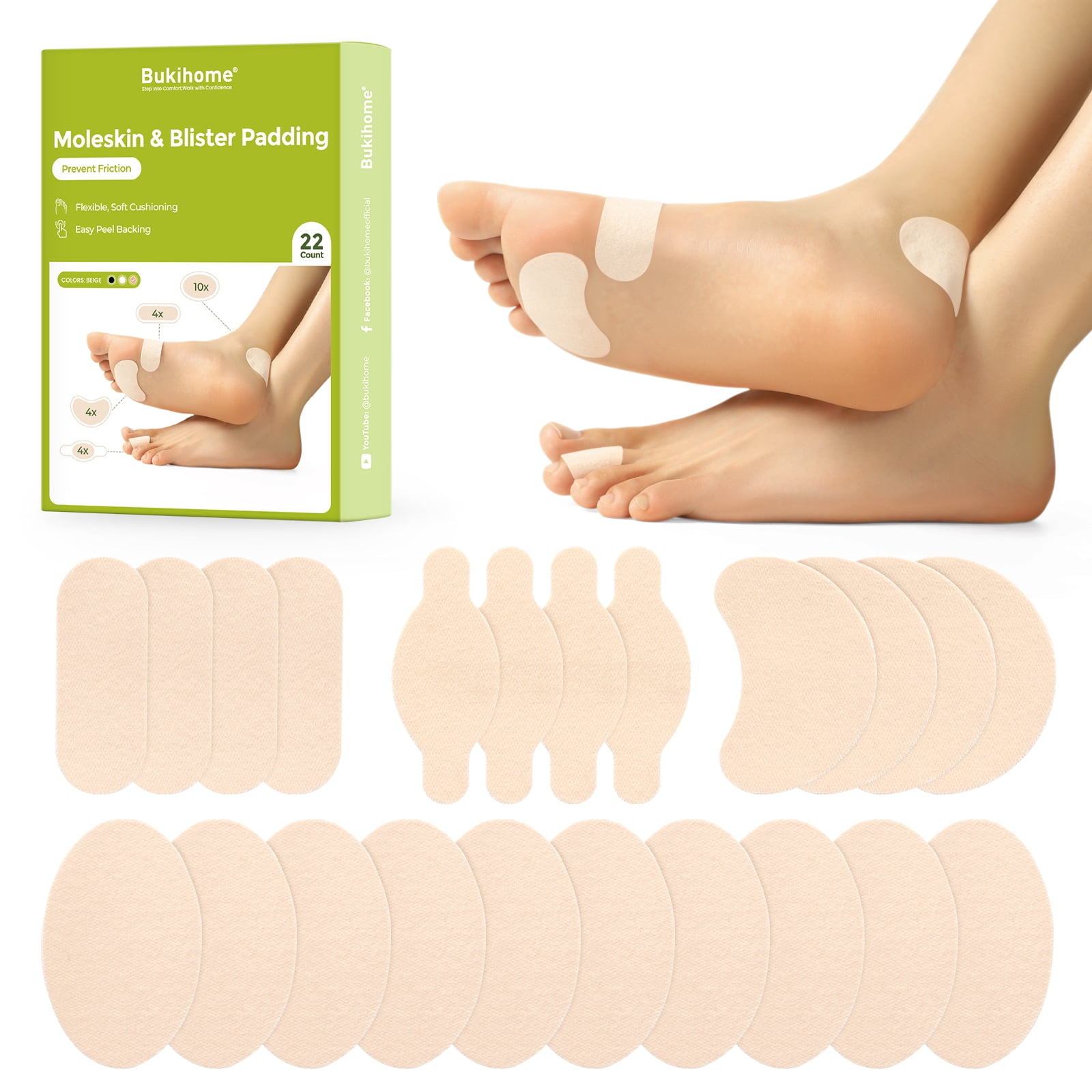 Bukihome Moleskin Adhesive Pads for Feet - Blister Prevention Tape ...