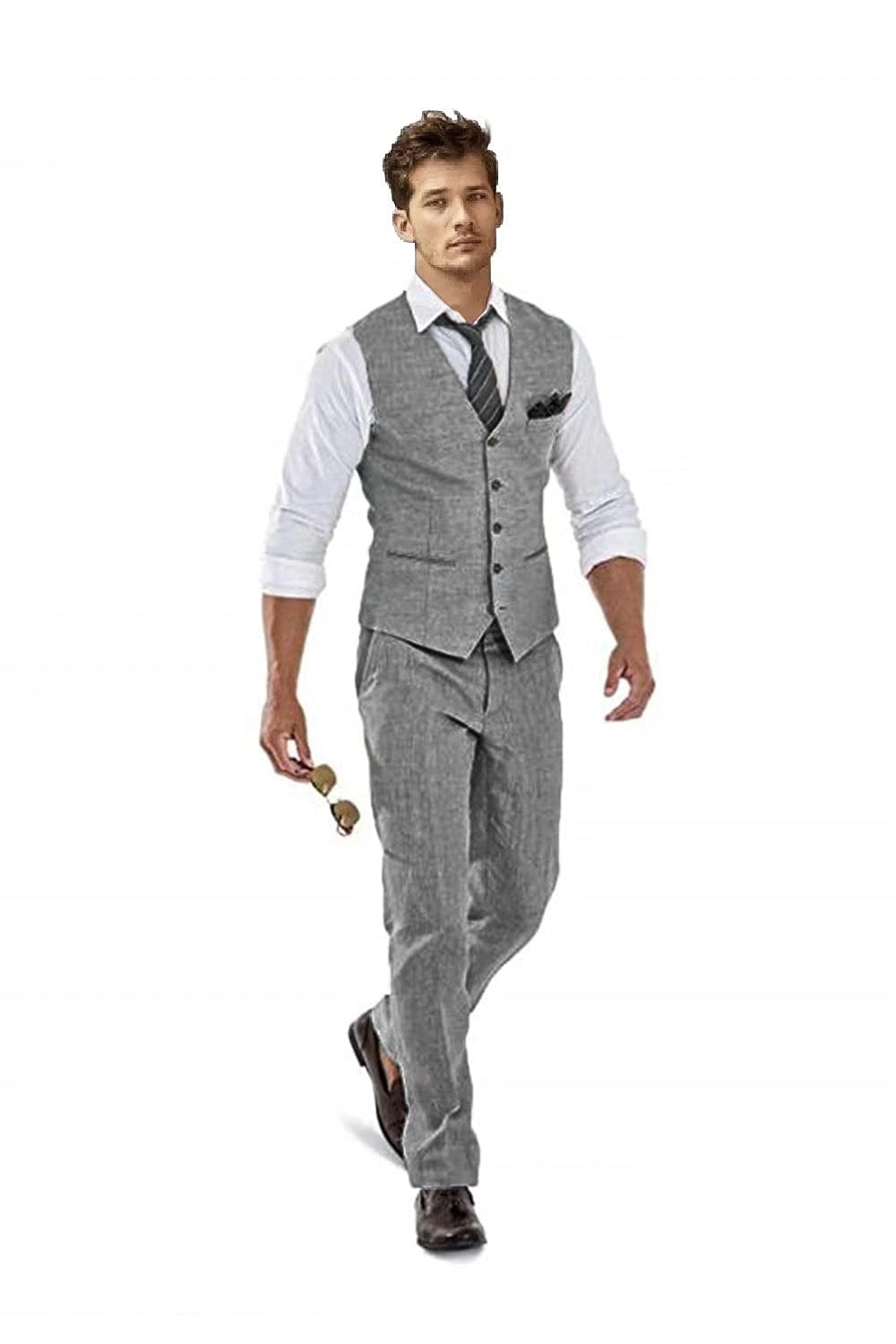 Bulan Linen Suit for Men Grey 2 Piece Slim Fit Groomsmen Suit Waistcoat for Beach Wedding Formal ...