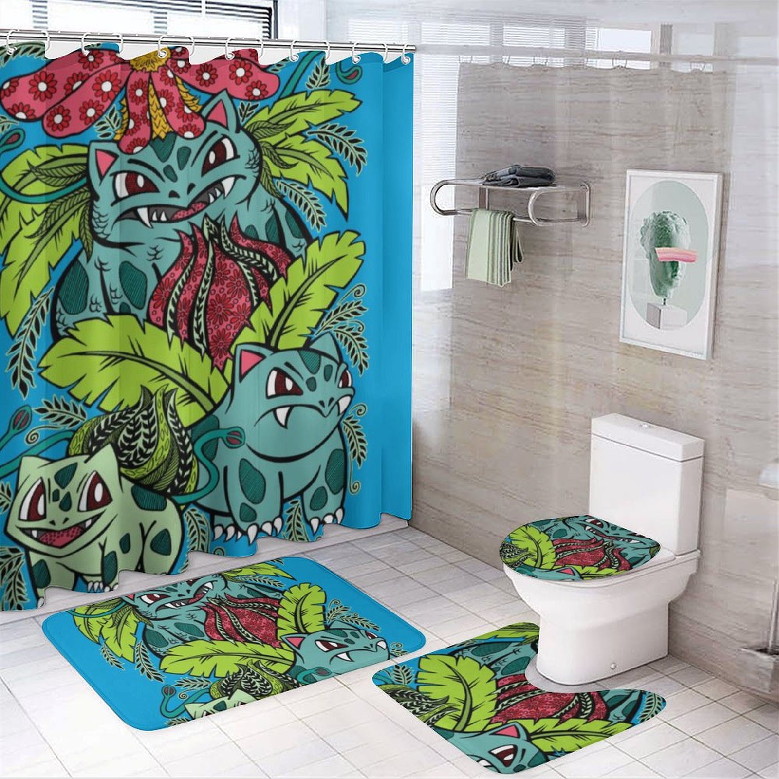 Bulbasaur Cartoon Shower Curtain Set for Bathroom 4 Piece Bathroom ...