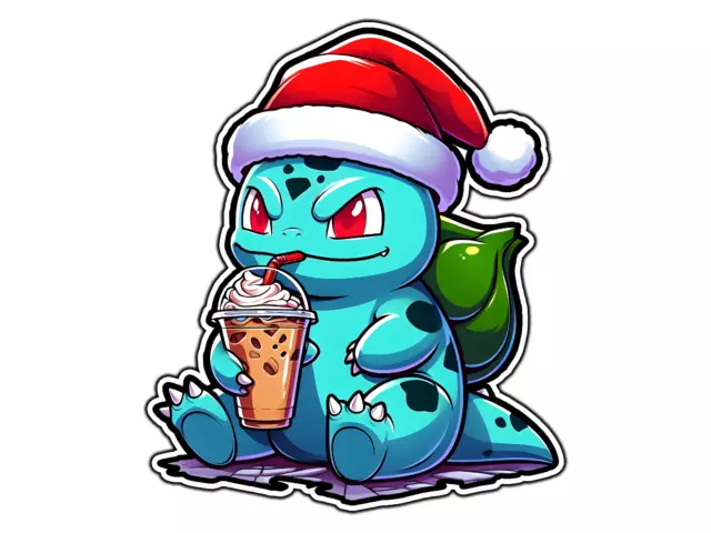 Bulbasaur Christmas Drinking Boba Coffee Waterproof Sticker Phone Decal ...