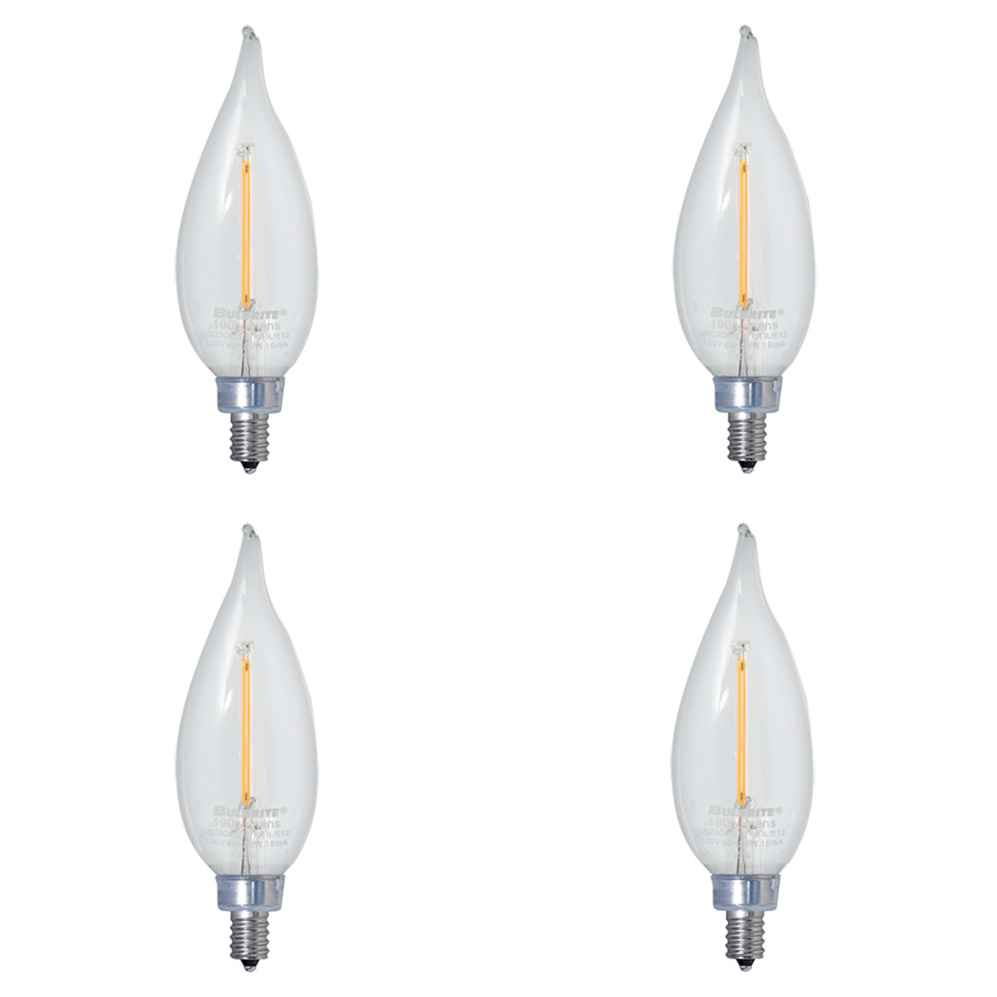 Bulbrite Pack of (4) 4.5 Watt Dimmable Clear Filament CA10 Candelabra (E12) LED Bulb - 350 ...