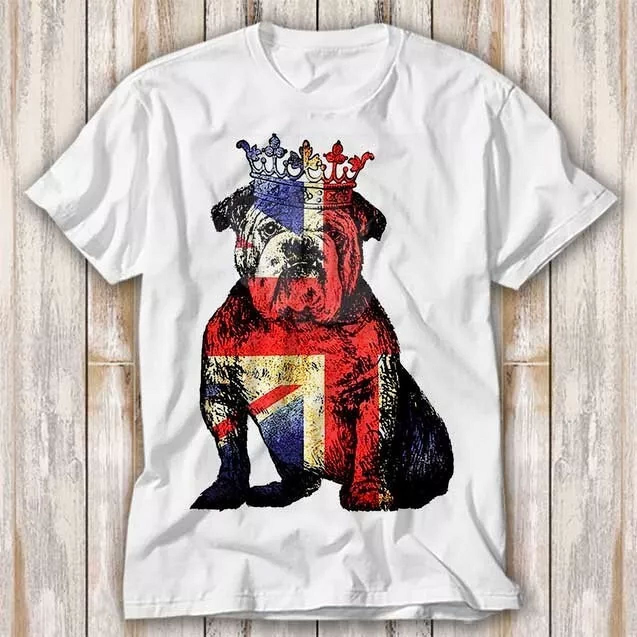 Buldog British Dog Union Jack Flag England Crown T Shirt Top Tee ...