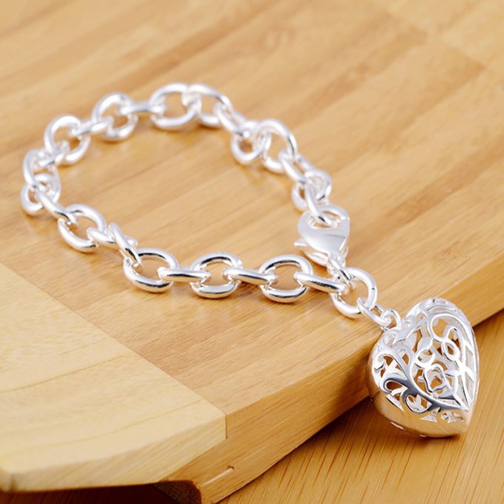 BuleStore Sterling Silver Charm Bangle Chain Bracelet for Women ...