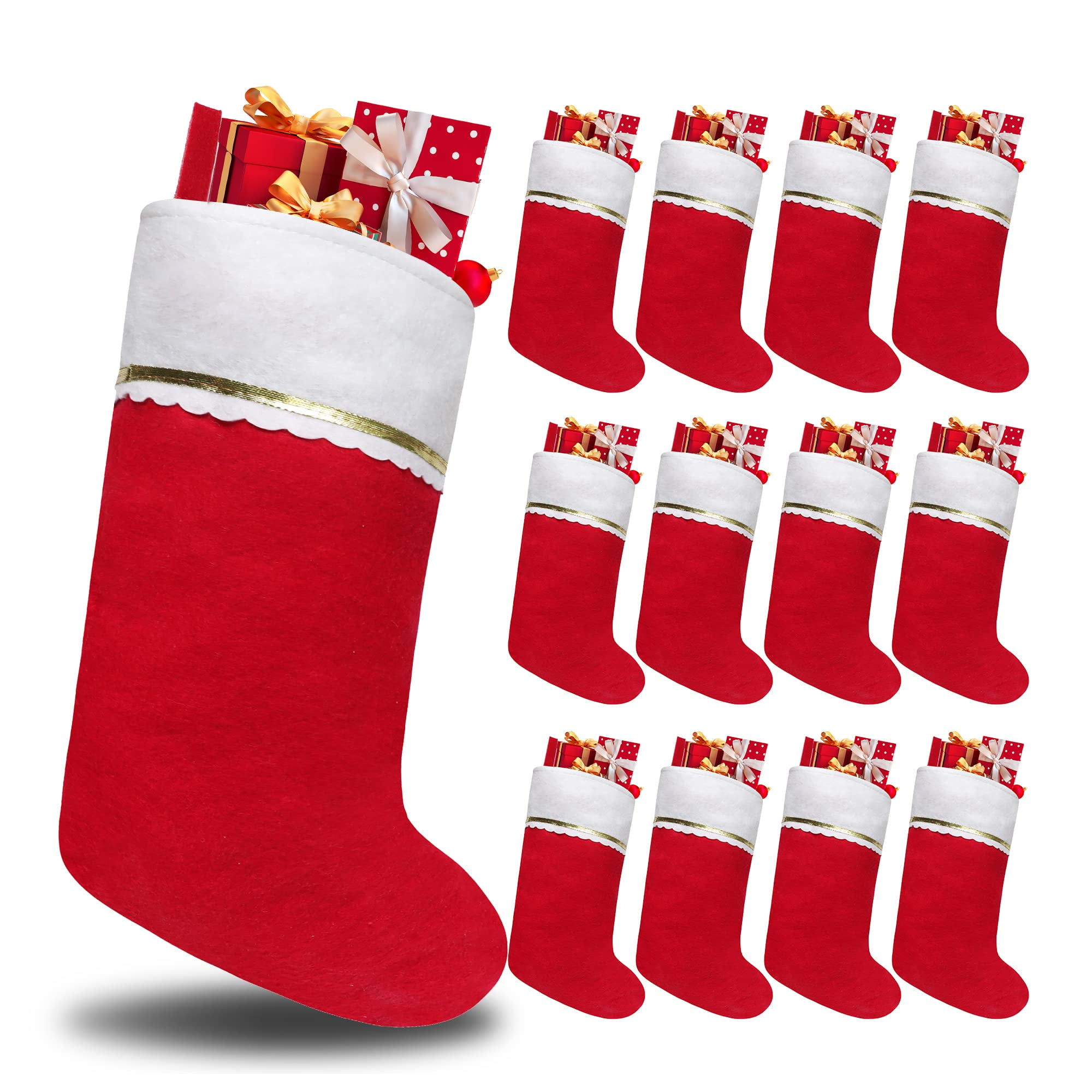 Bulk 12 Pack Ft Christmas Stockings, 19 Inches Red White Festive Stockings with Gold Ribbon ...
