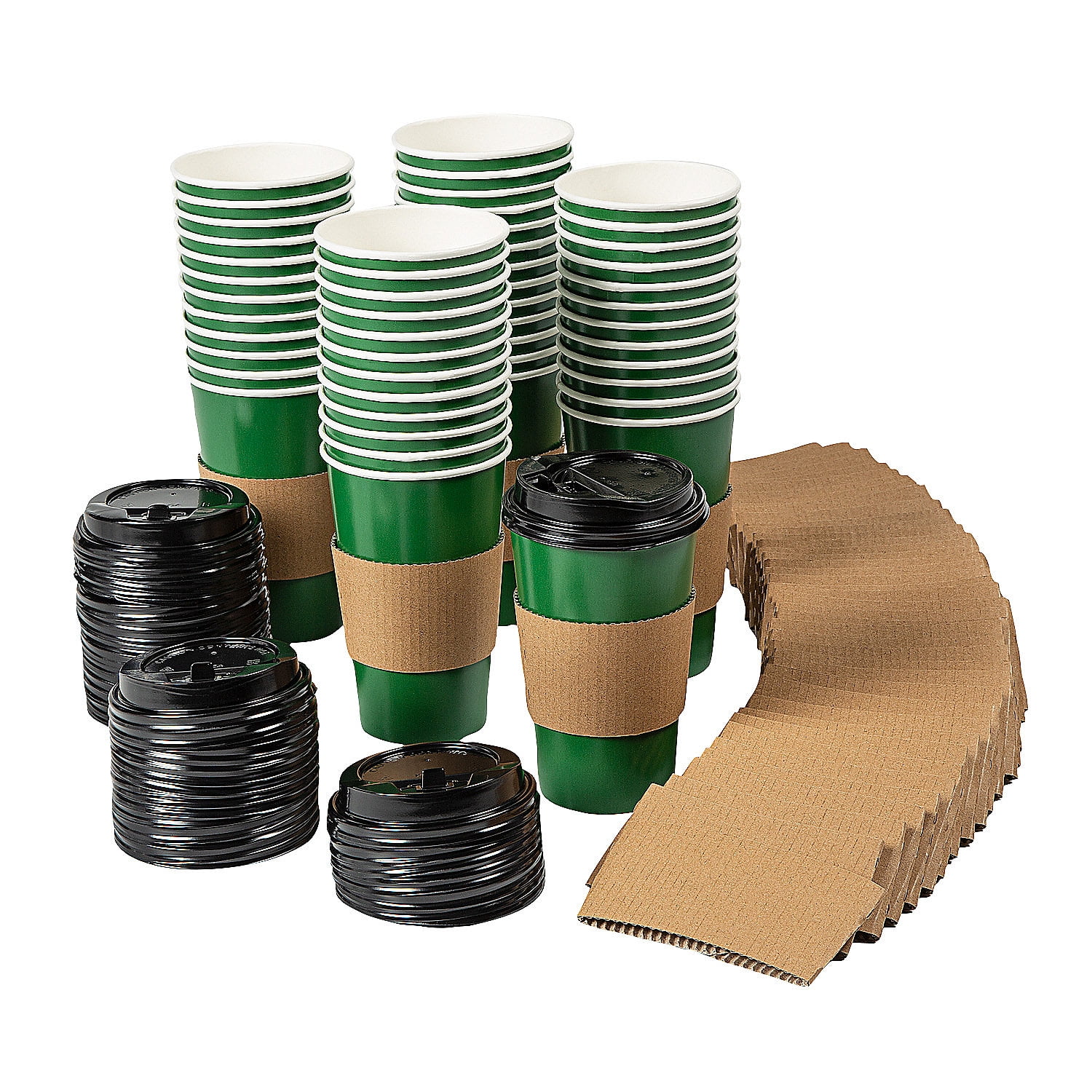 Bulk 48 Count Green Disposable Paper Coffee Cups with Lids & Sleeves ...