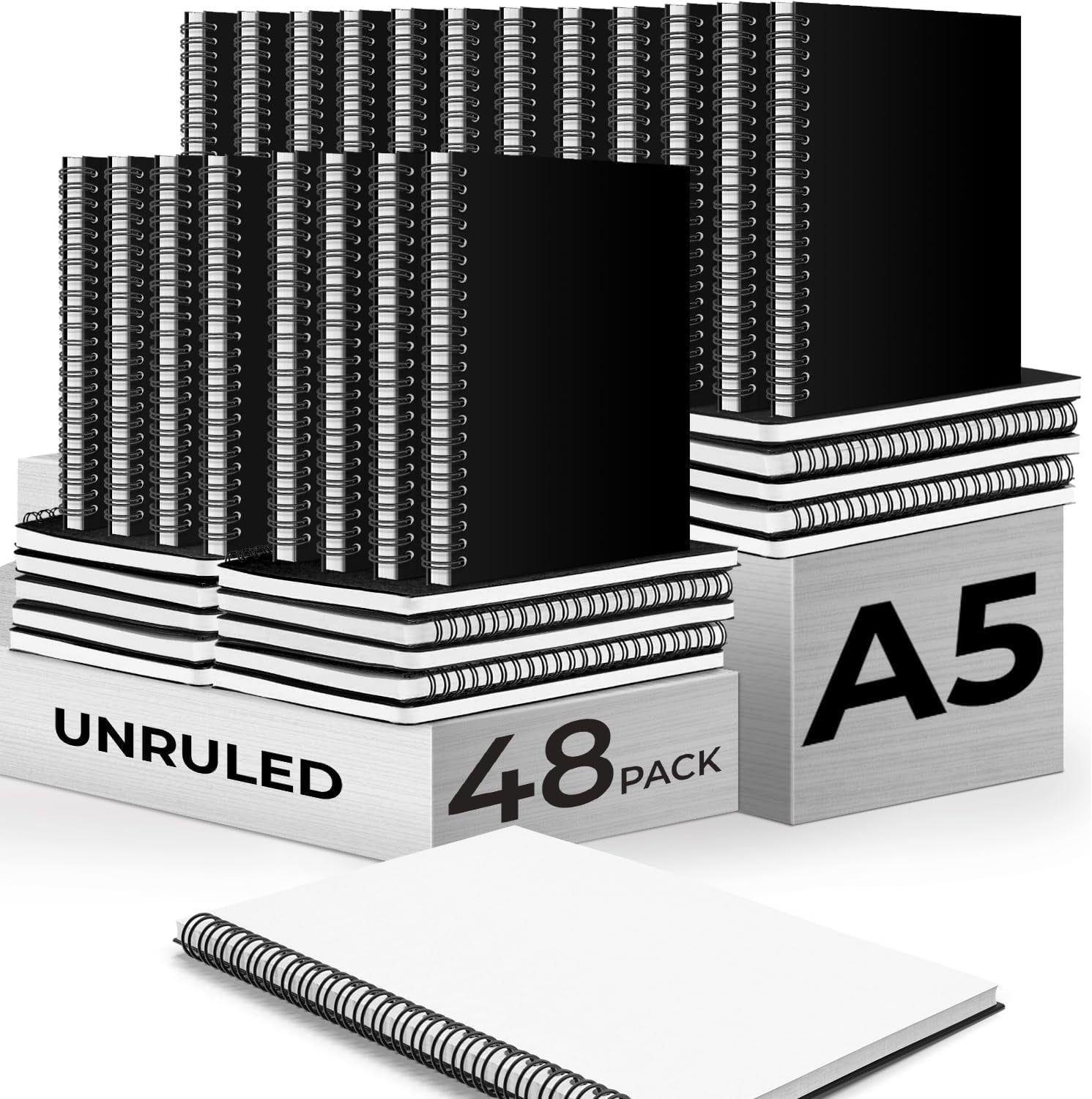 Bulk A5 Spiral Notebooks, 48 Pack, Unlined Notebook, 8.3" x 5.8", Black ...
