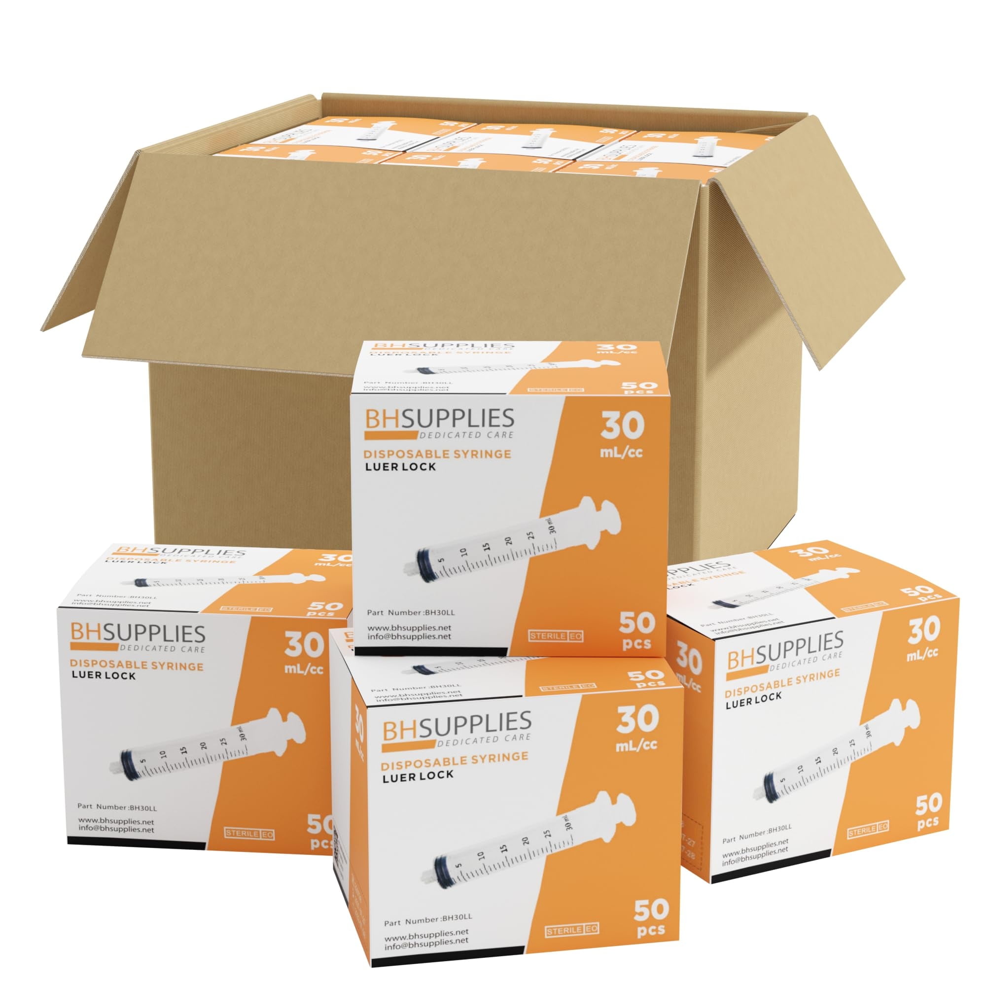 Bulk Case: BH Supplies 30mL Sterile Luer Lock Syringe - Individually Wrapped (600 Syringes, 12 ...