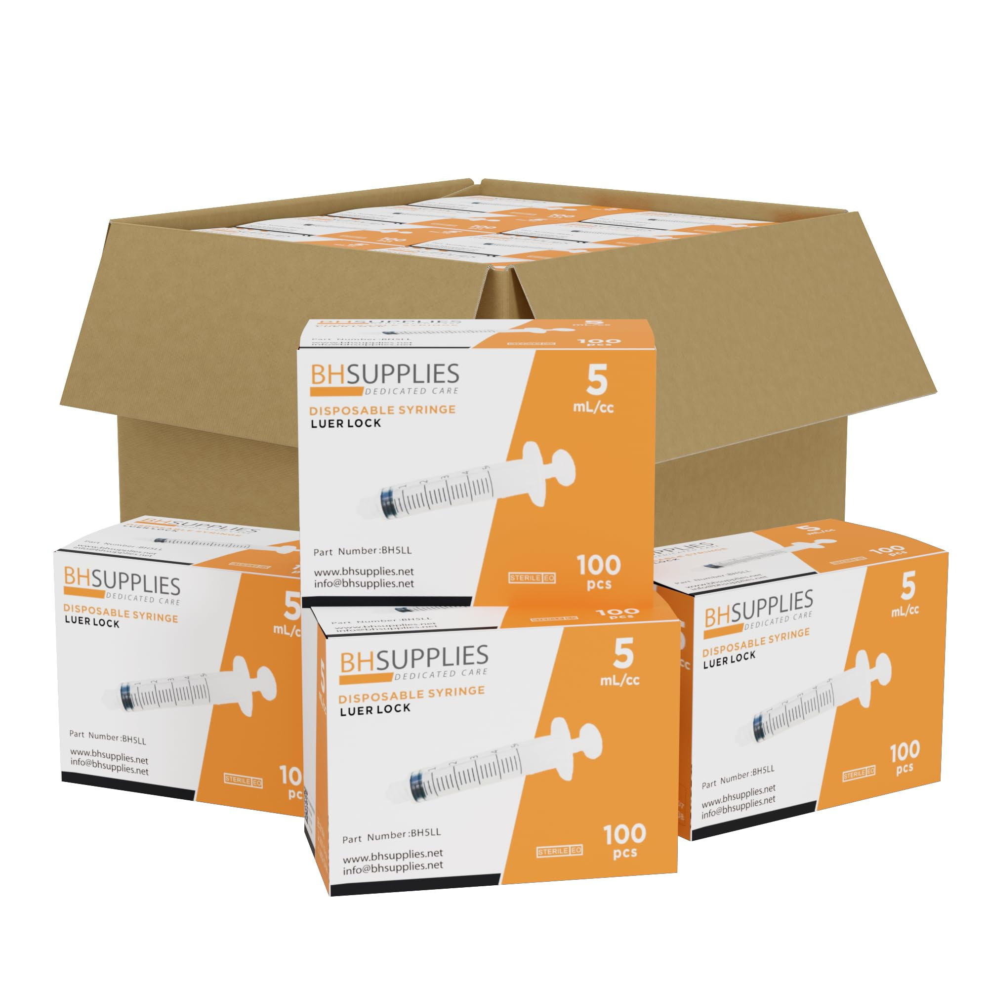 Bulk Case: BH Supplies 5mL Sterile Luer Lock Syringe - Individually Wrapped (1600 Syringes, 16 ...