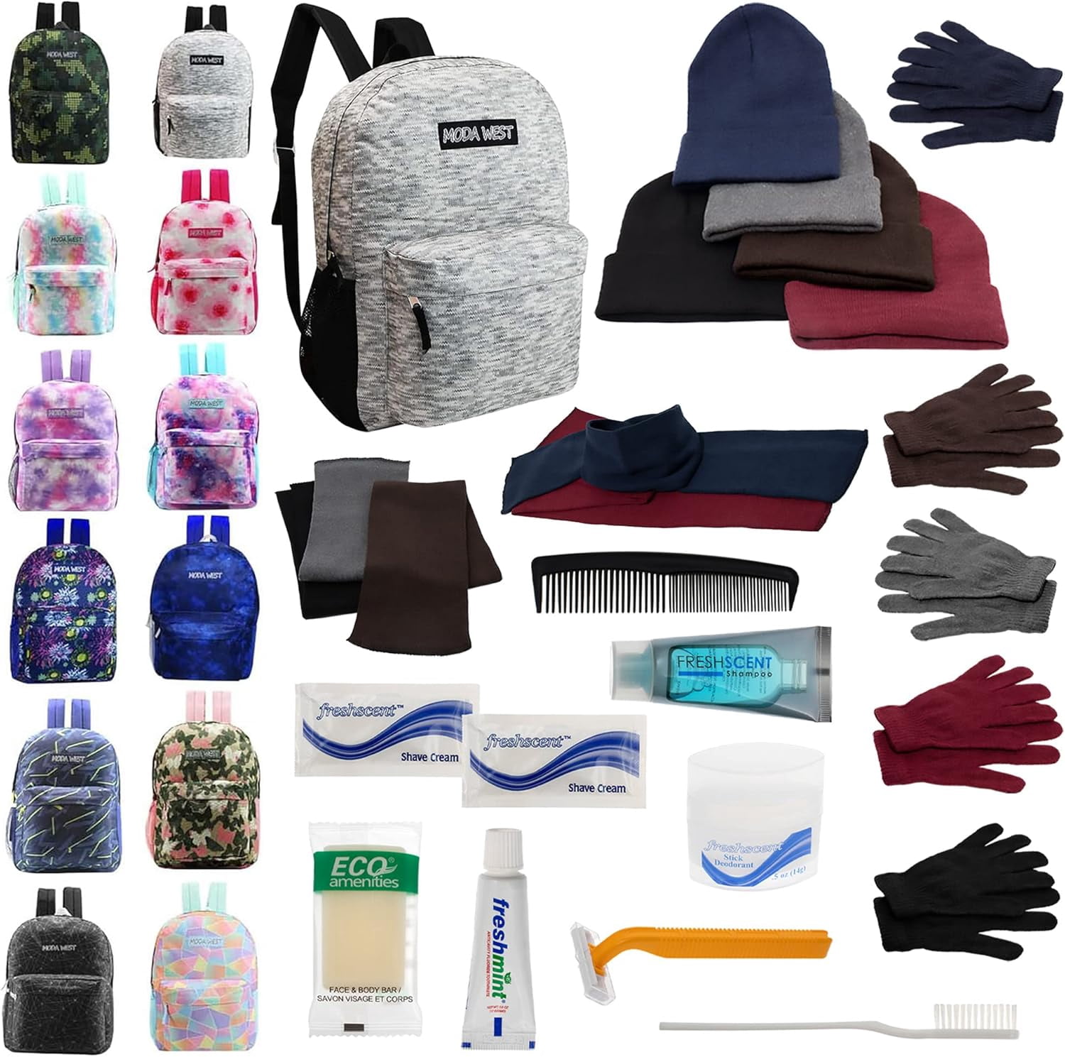 Bulk Case of 12 Backpacks and 12 Winter Item Sets and 12 Toiletry Kits ...