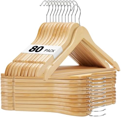 Bulk Wooden Hangers 80 Pack, Solid Wood Hanger with Non Slip Pant Bar ...
