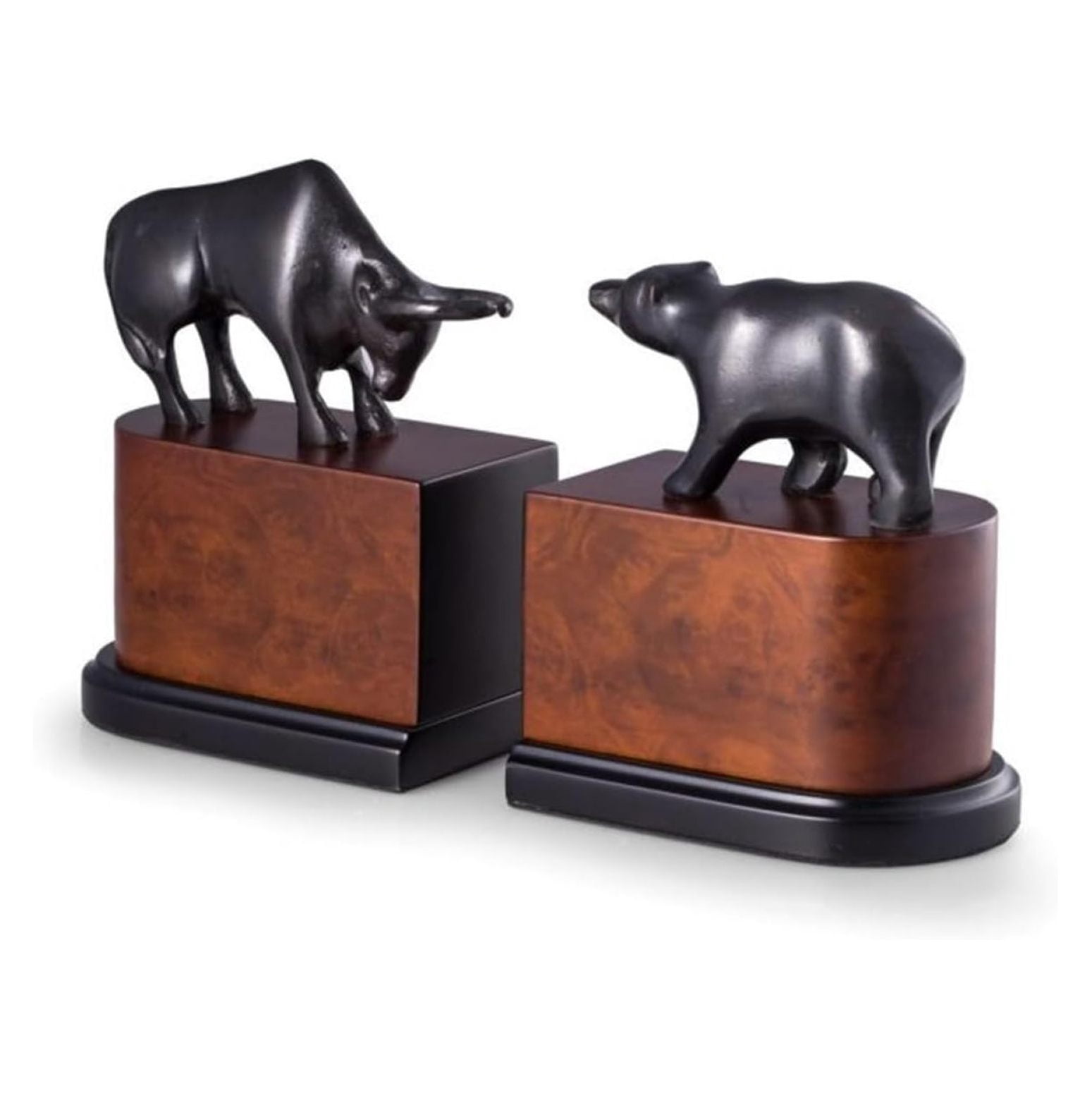 Bull & Bear Bookends, Black – Bronzed Cast Metal with Burl Wood Base ...