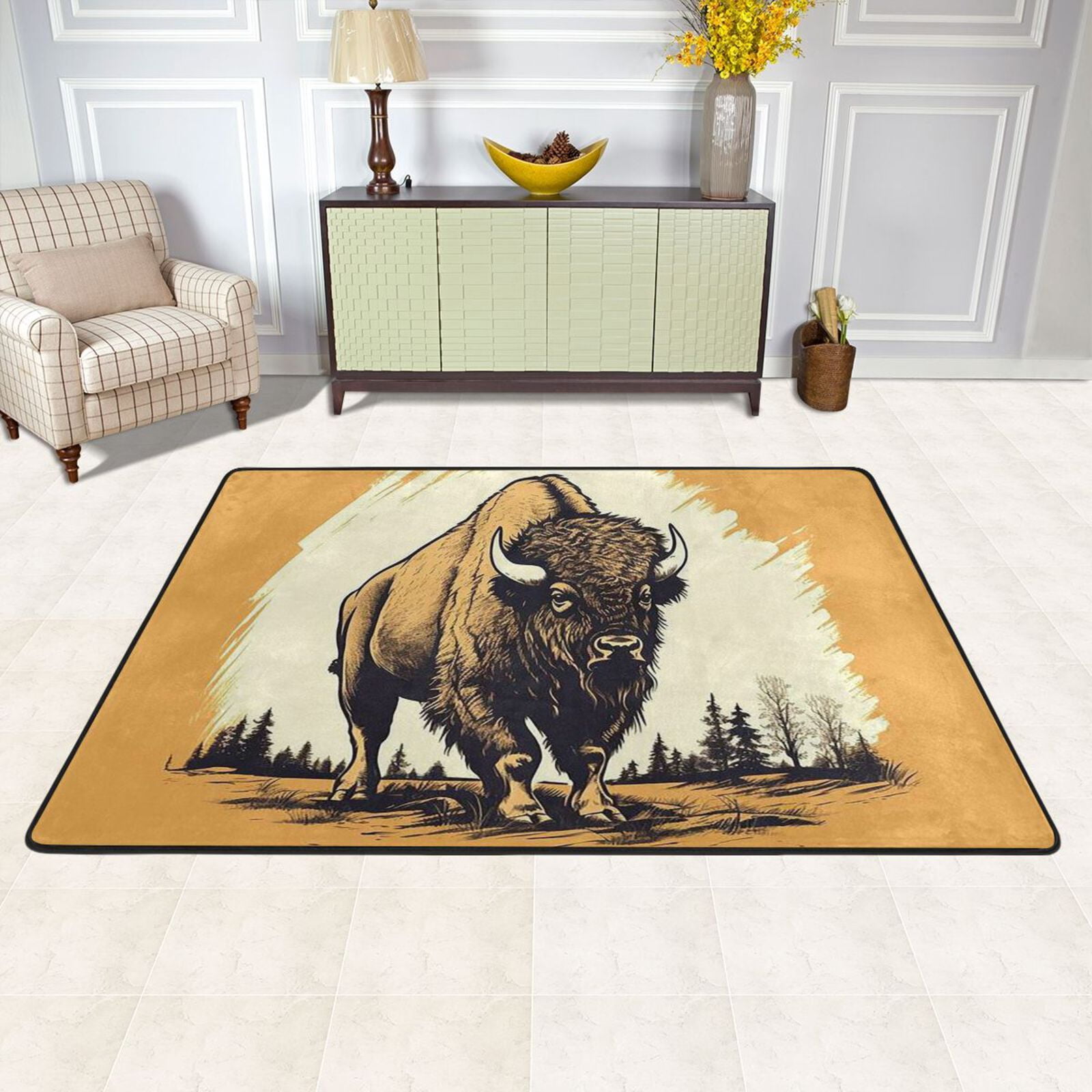 Bull Bison Trees Area Rug Washable 72 x 48 Floor Carpet Mat Non Slip ...