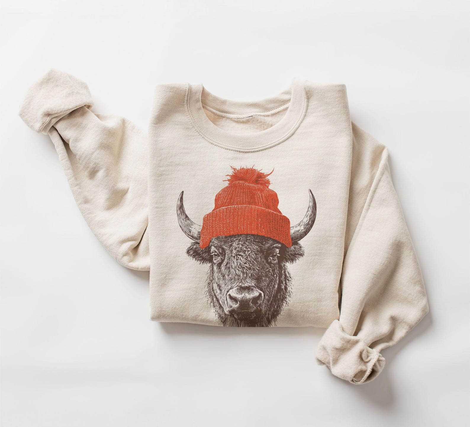 Bull Bison Wearing Beanie Sweatshirt – Mountain Wildlife Crewneck ...