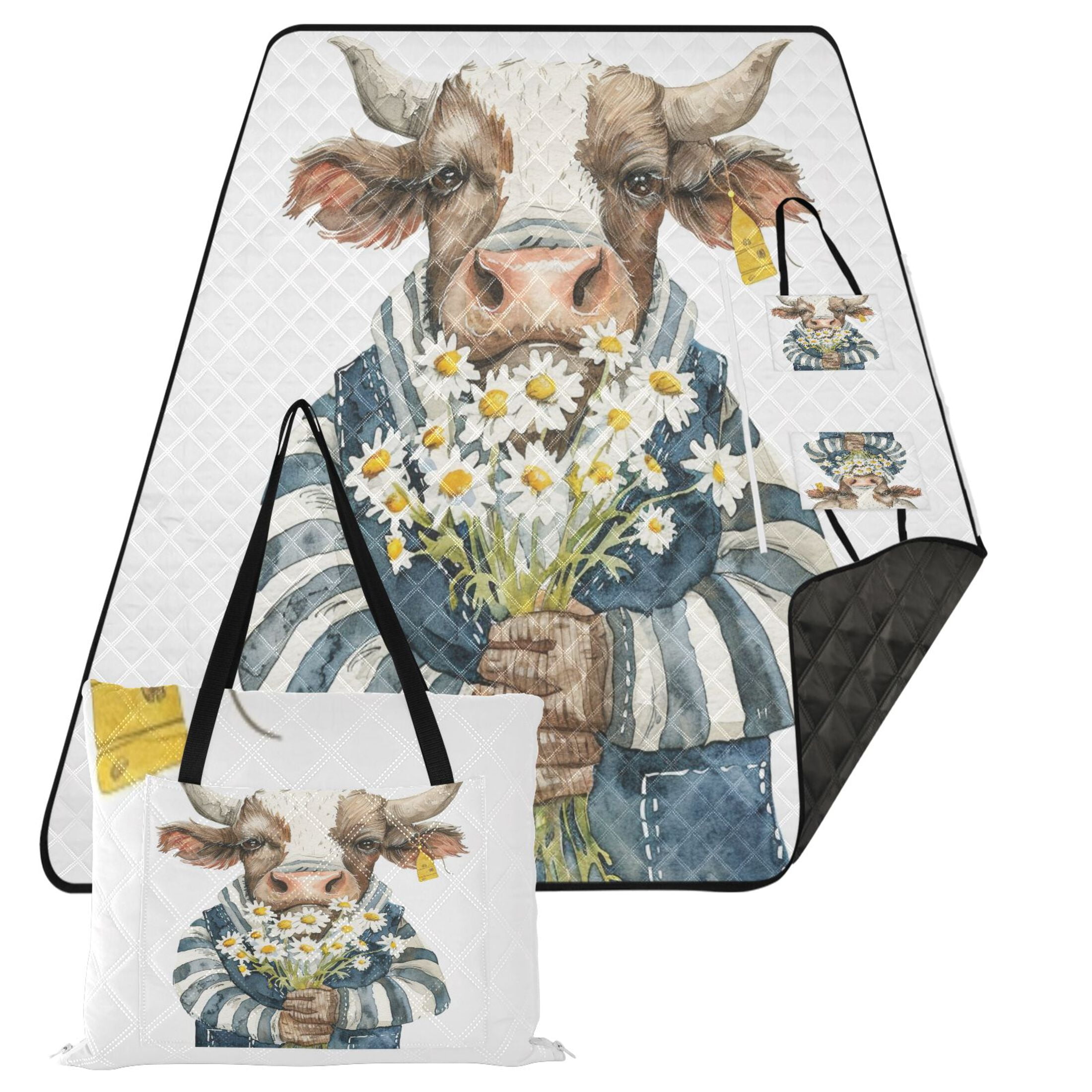 Bull Cow with Daisies Extra Large Picnic Beach Blanket Waterproof Sand ...