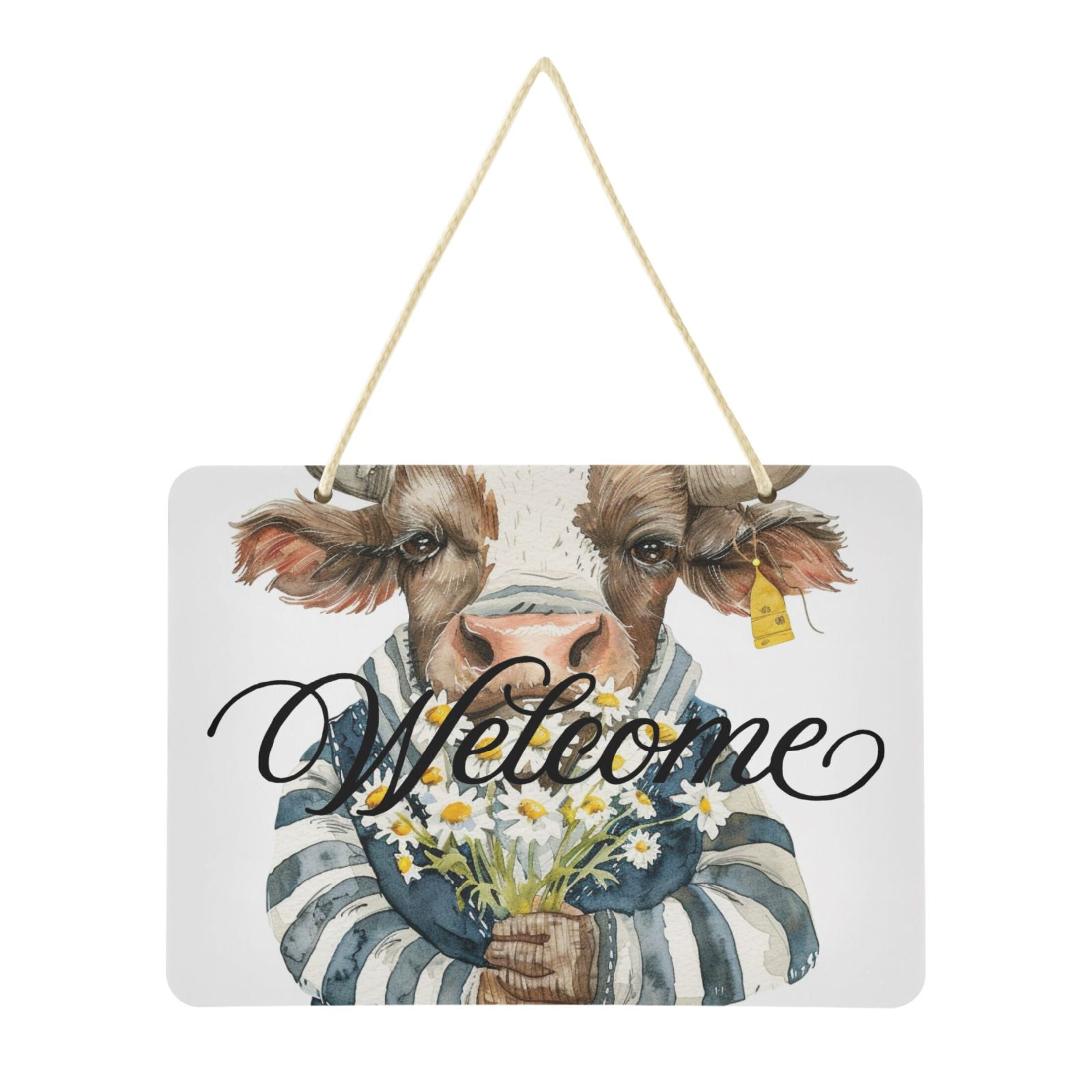 Bull Cow with Daisies Welcome Sign Front Door PVC 14x10 inch Hanger ...