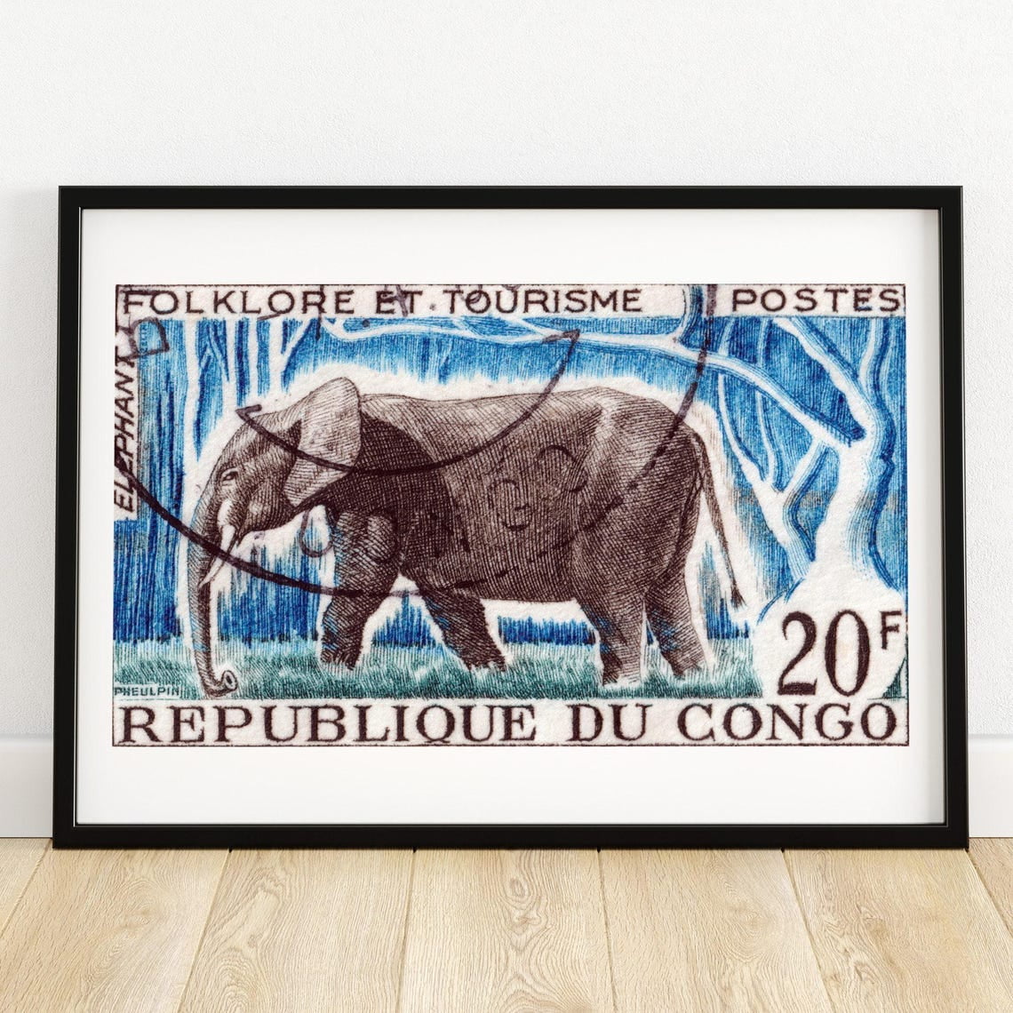 Bull Elephant - Vintage Congo Art - Postage Stamp Print - Aesthetic ...