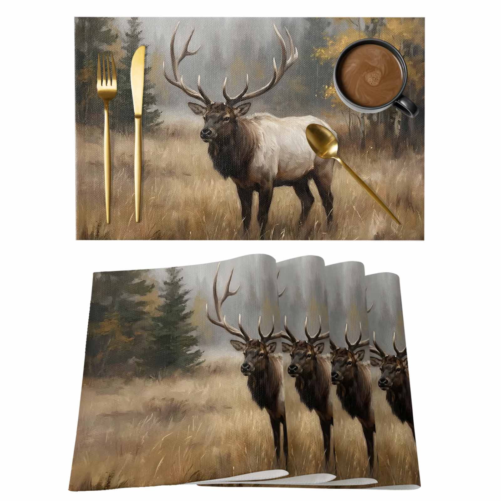 Bull Elk Cotton Linen Placemats Set of 12, Foggy Gray Wild Animal Pine ...