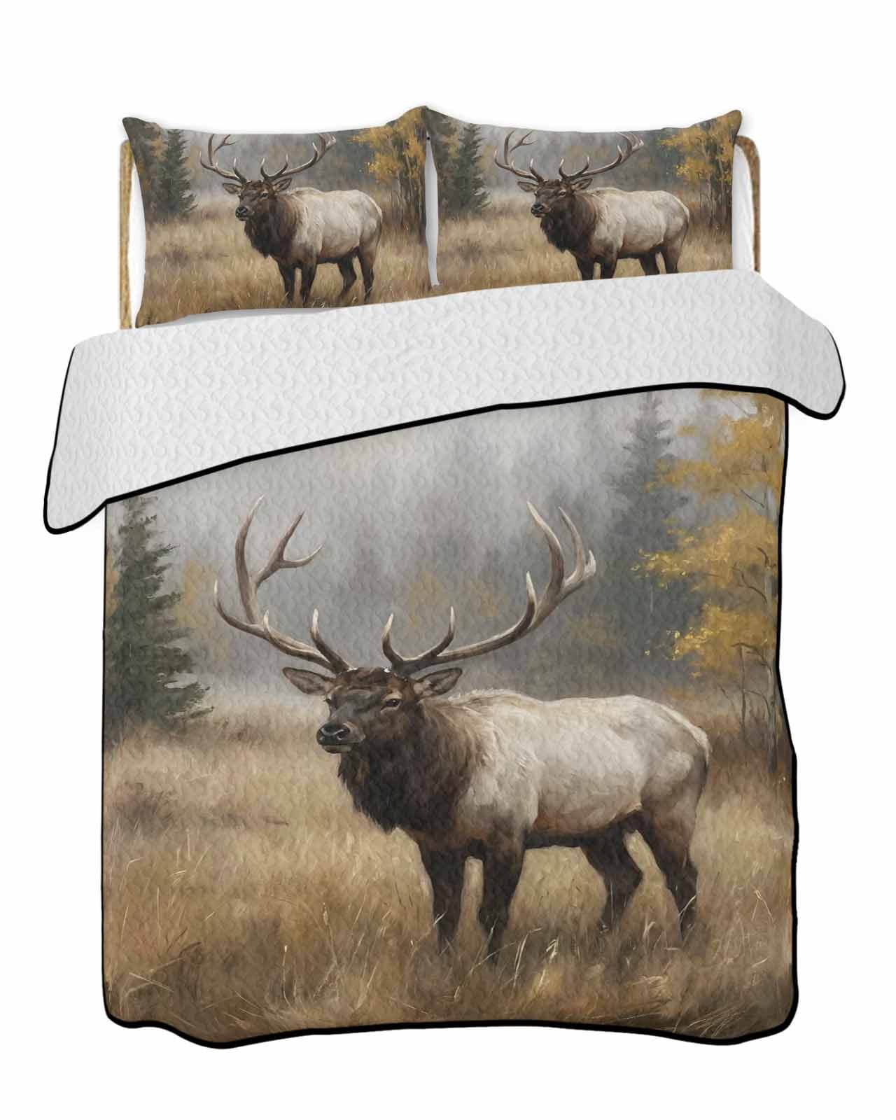 Bull Elk Quilts Bedding Set Full Size Foggy Gray Wild Animal Pine ...