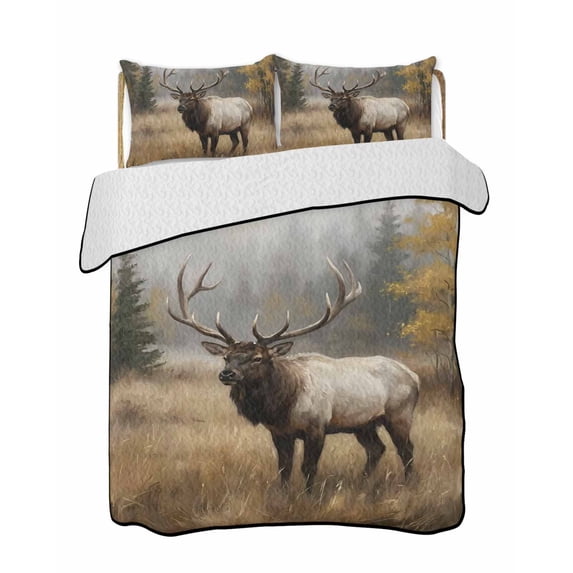 Bull Elk Quilts Bedding Set Full Size Foggy Gray Wild Animal Pine ...