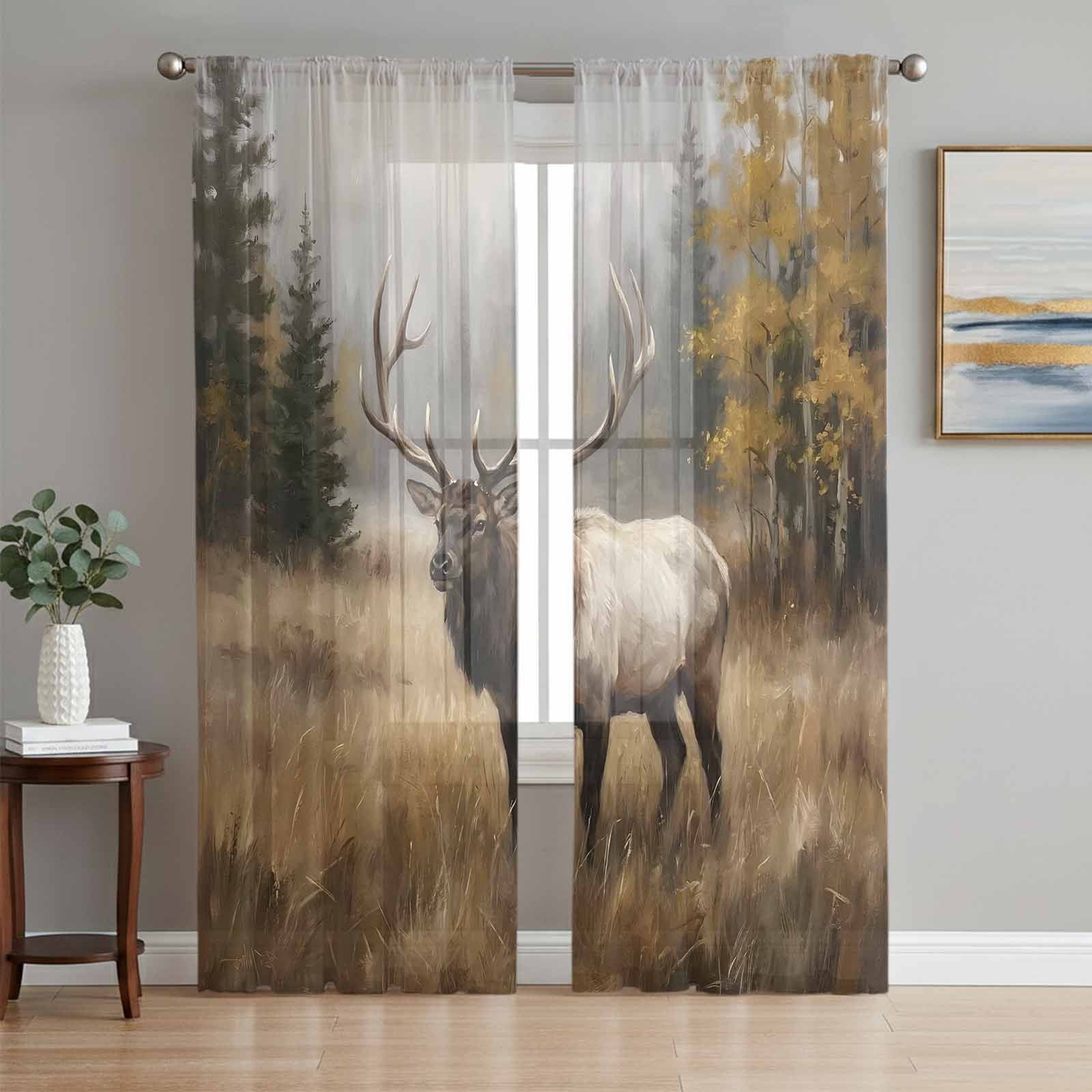Bull Elk Sheer Curtains for Living Room Bedroom, Foggy Gray Wild Animal ...
