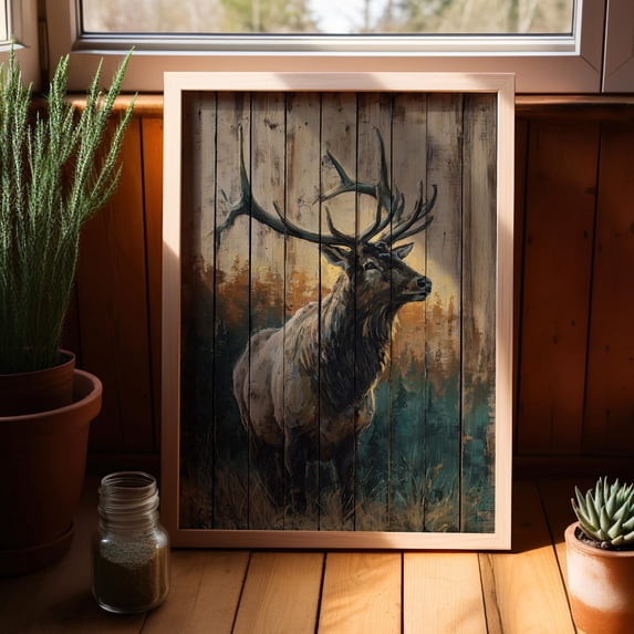 Bull Elk Sunrise Wall Art Rustic Cabin Wildlife Decor, Unframed Canvas ...