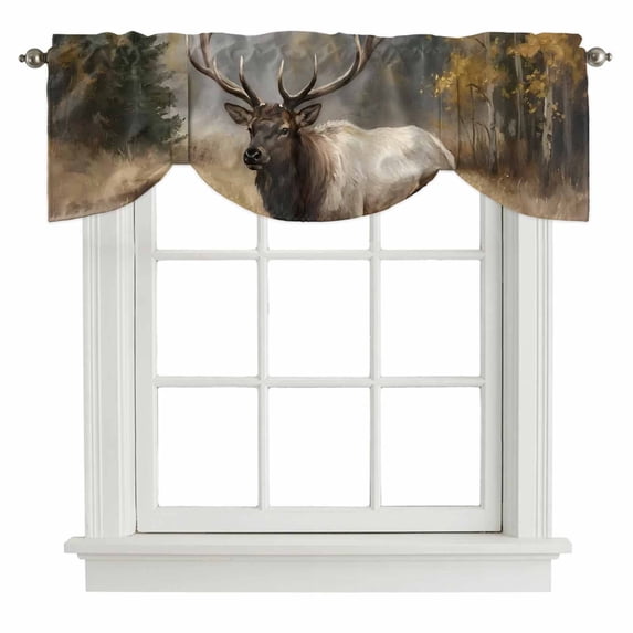 Bull Elk Tie Up Valance Curtains Foggy Gray Wild Animal Pine Forest ...