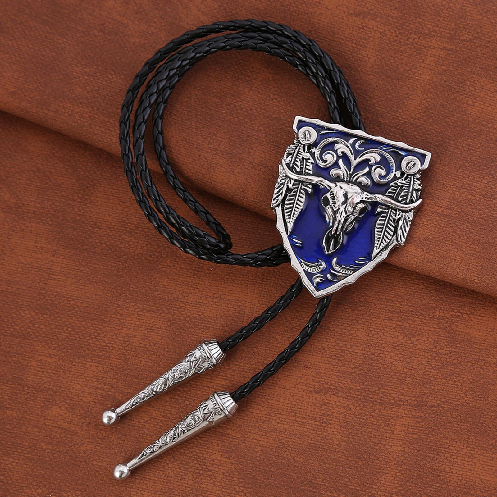 Bull Enamel Pattern Bolo Tie Western Cowboy Vintage Handmade Leather ...