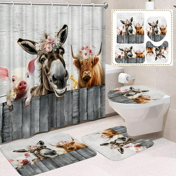 Bull Head Design Bathroom Set 4 Pieces, Polyester Waterproof Shower ...