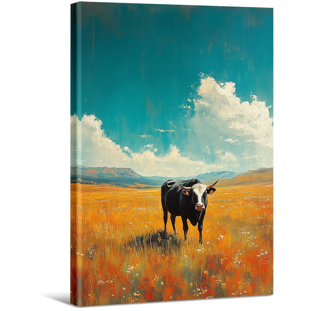 Bull In A Field With A Clear Sky.Large Framed Wall Art Decor Canvas ...