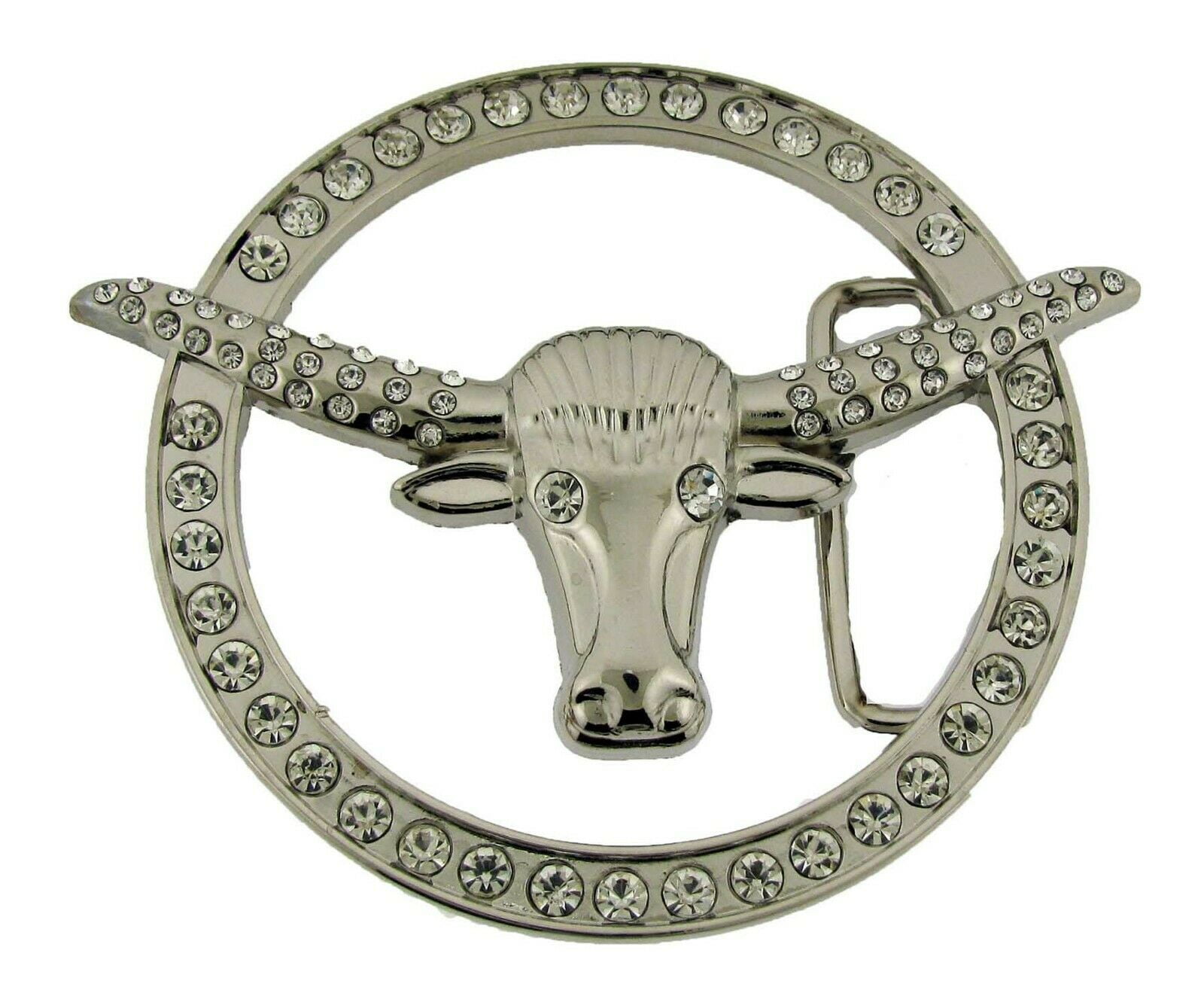 Bull Long Horn Belt Buckle Western Rodeo Silver Metal Blinged Out Men ...