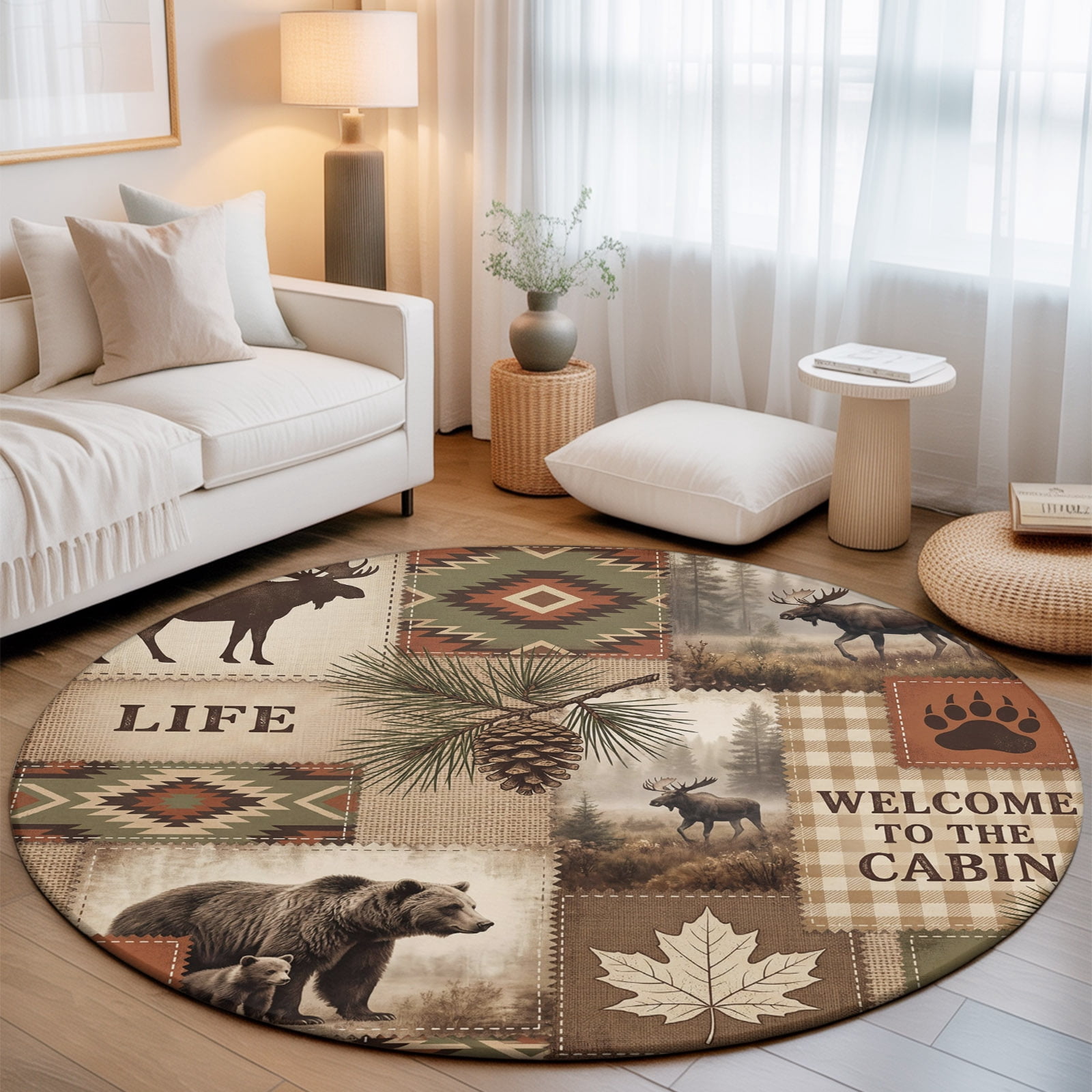 Bull Moose Black Bear Round Living Room Rugs 8 ft, Rustic Farmhouse ...