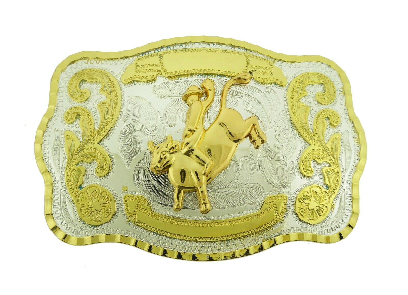 Bull Rider Belt Buckle Two-Tone Gold Silver Metal Rodeo Western Texas ...