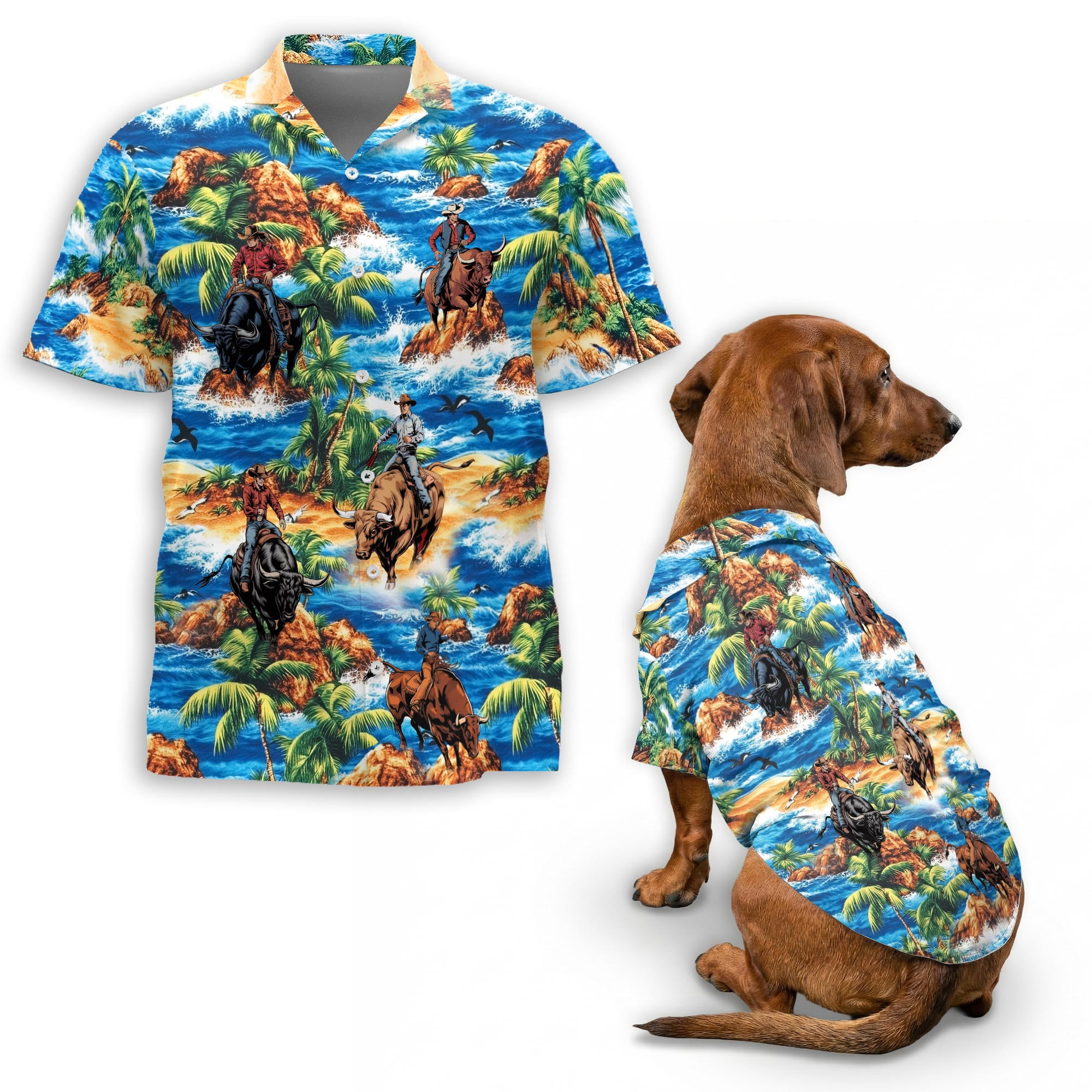 Bull Riding Beach Matching Hawaiian Shirt for Owner and Dog, Tropical ...