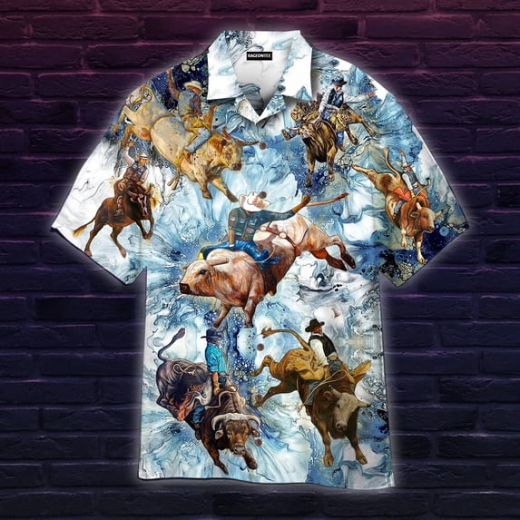 Bull Riding On Blue Hibiscus Flower Hawaiian Shirt - Walmart.com