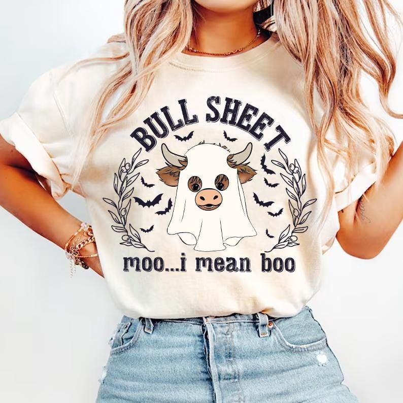 Bull Sheet Halloween T-Shirt, Funny Ghost Cow Fall Tee for Women ...