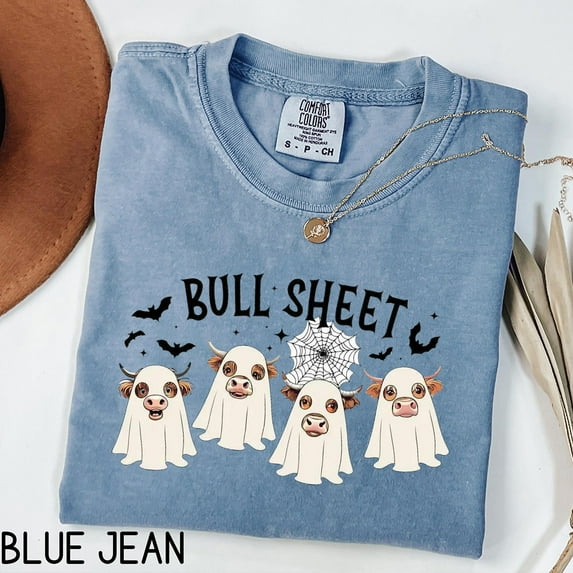 "Bull Sheet" Highland Cow Ghost T-Shirt – Funny Halloween Pun Graphic ...