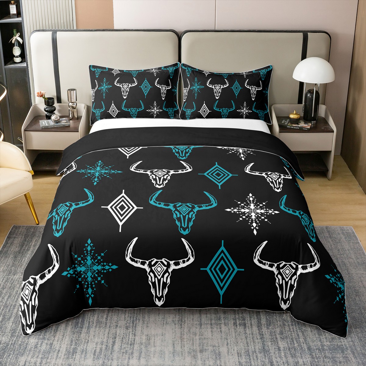 Bull Skull 100% Cotton Duvet Cover Queen Western Boho Bedding Set Adult ...