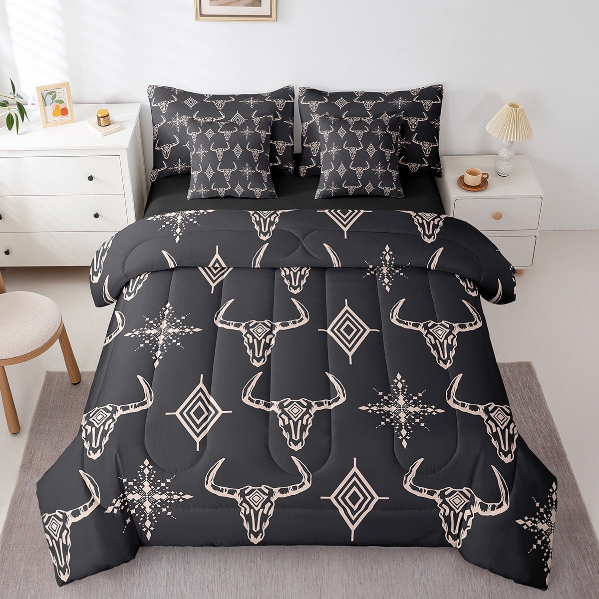 Bull Skull 7 Pcs Comforter Set Queen Western Boho Bedding Aztec Tribal ...